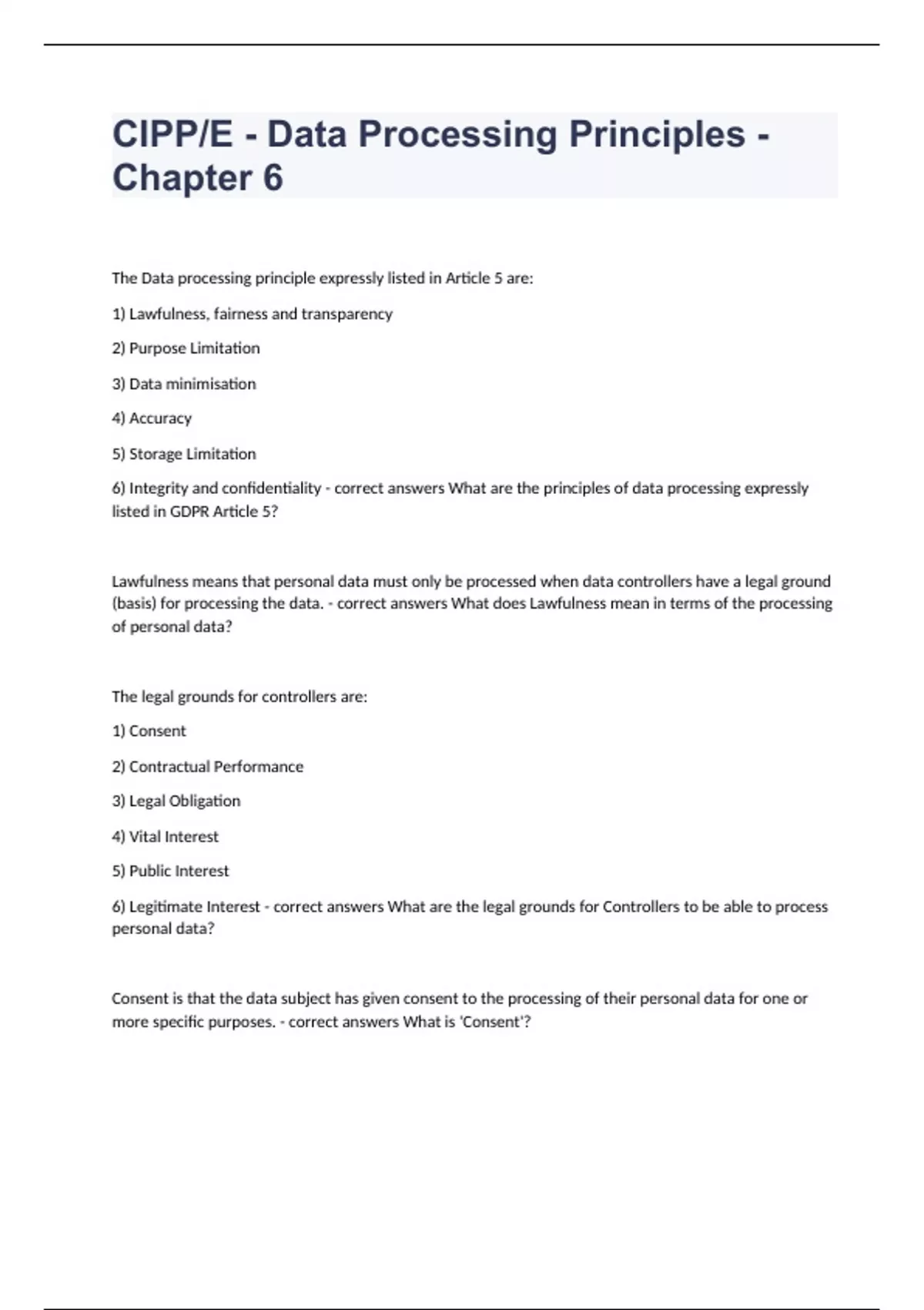 CIPP/E - Data Processing Principles - Chapter 6 correctly answered 2023 ...