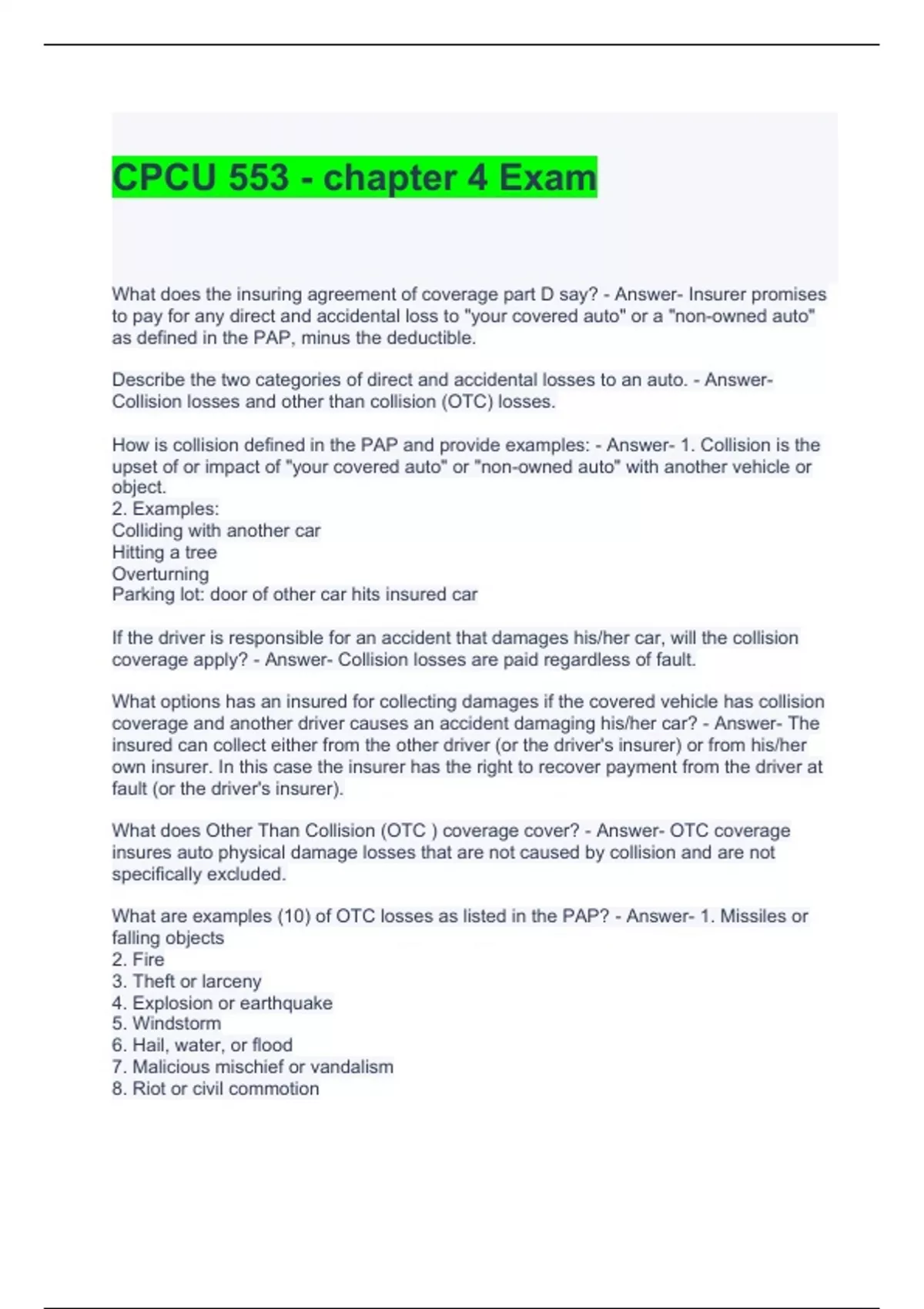 CPCU 553 - chapter 4 Exam Questions with 100% correct Answers - CPCU ...