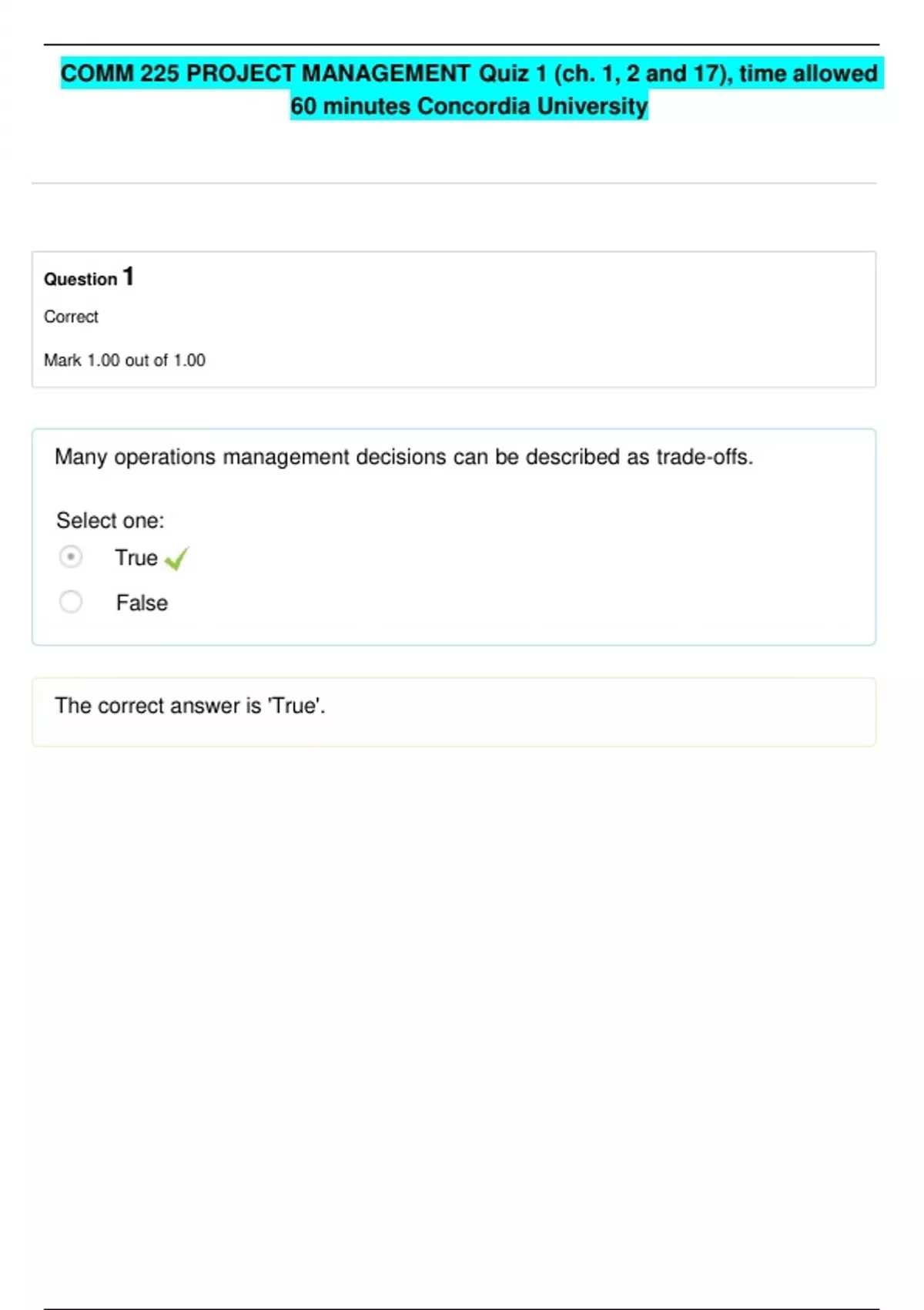 COMM 225 PROJECT MANAGEMENT Quiz 1 (ch. 1, 2 and 17), time allowed 60 ...