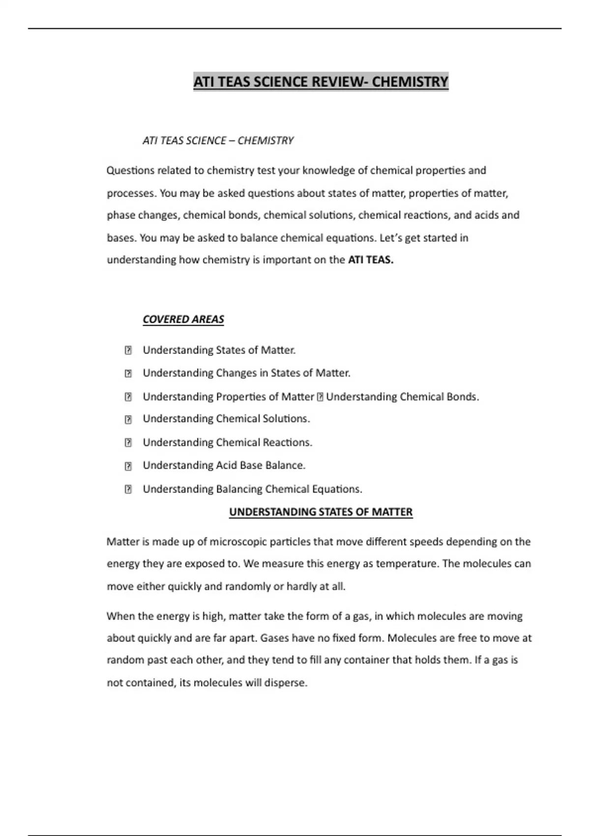 ATI TEAS SCIENCE REVIEW- CHEMISTRY - Advance nursing - Stuvia US