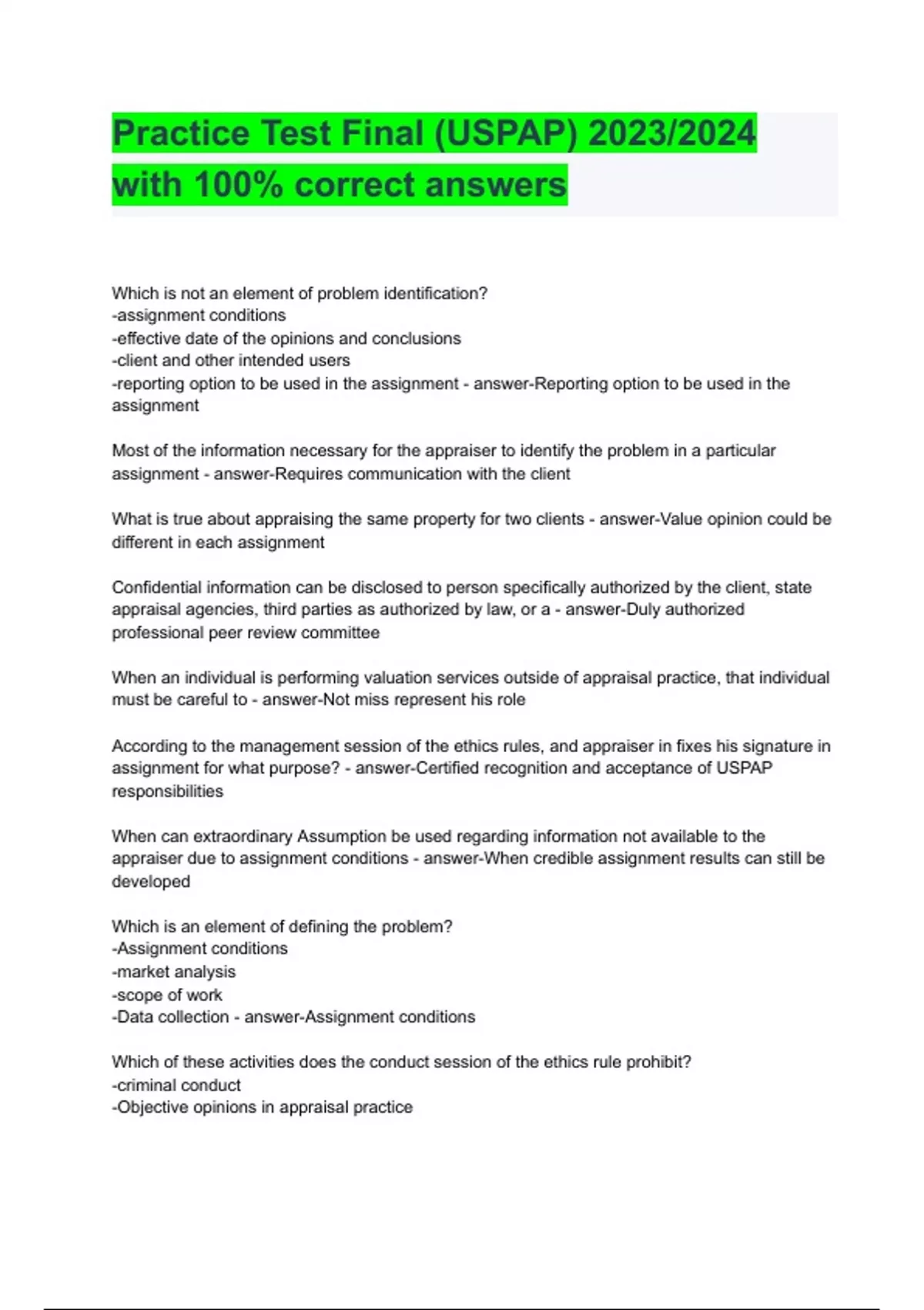 Practice Test Final (USPAP) 2023/2024 with 100% correct answers ...