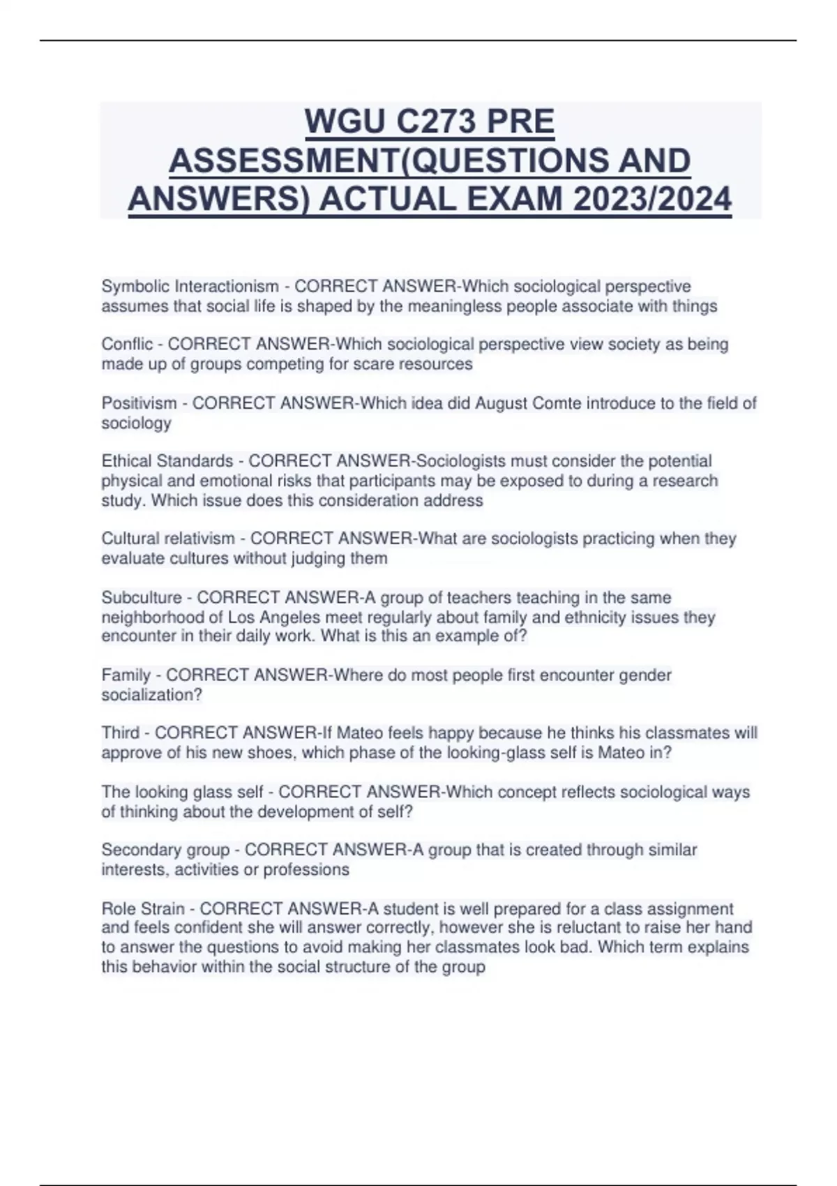WGU C273 PRE ASSESSMENT(QUESTIONS AND ANSWERS) ACTUAL EXAM 2023/2024 ...
