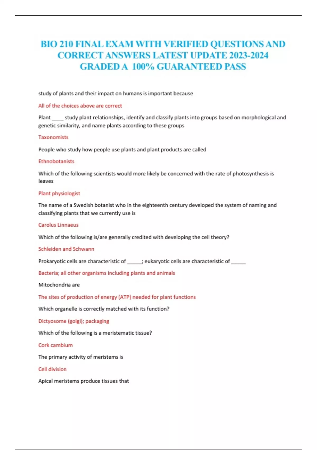 BIO 210 FINAL EXAM WITH VERIFIED QUESTIONS AND CORRECT ANSWERS LATEST ...