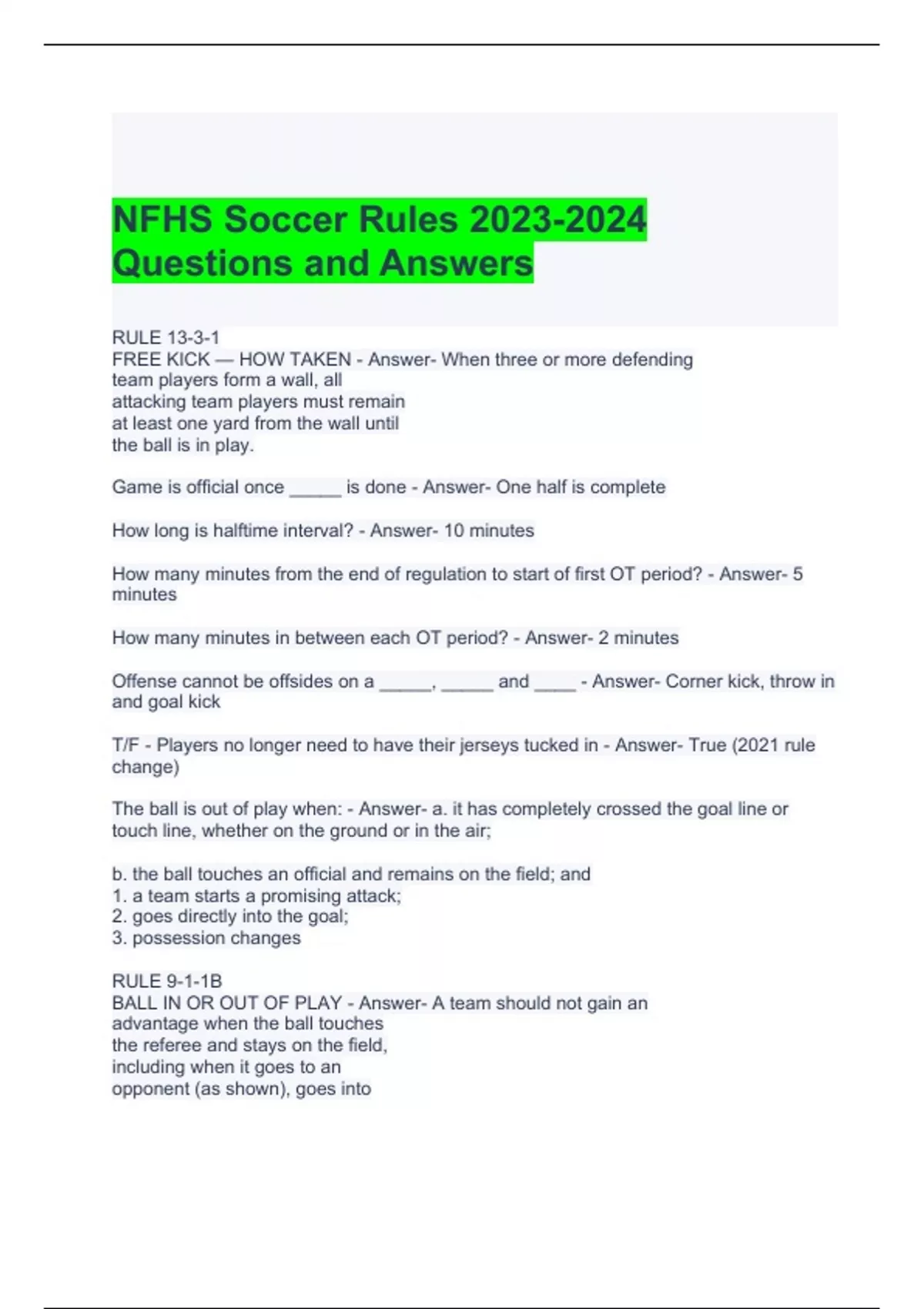 NFHS Soccer Rules Questions and Answers - NFHS Soccer - Stuvia US