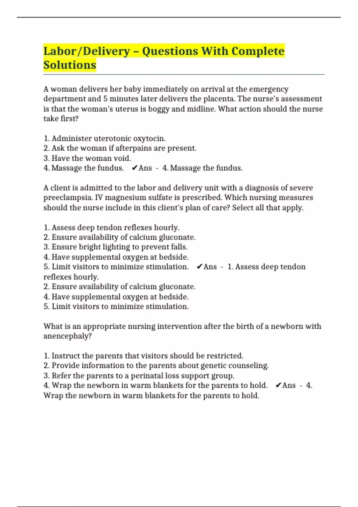 Labor/Delivery – Questions With Complete Solutions - Labor & Delivery ...
