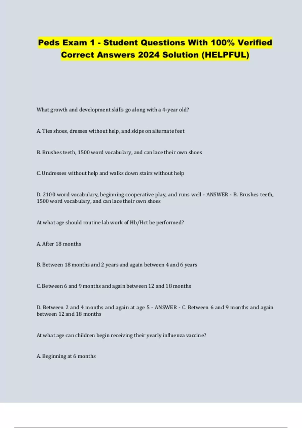 Peds Exam 1 - Student Questions With 100% Verified Correct Answers 2024 ...