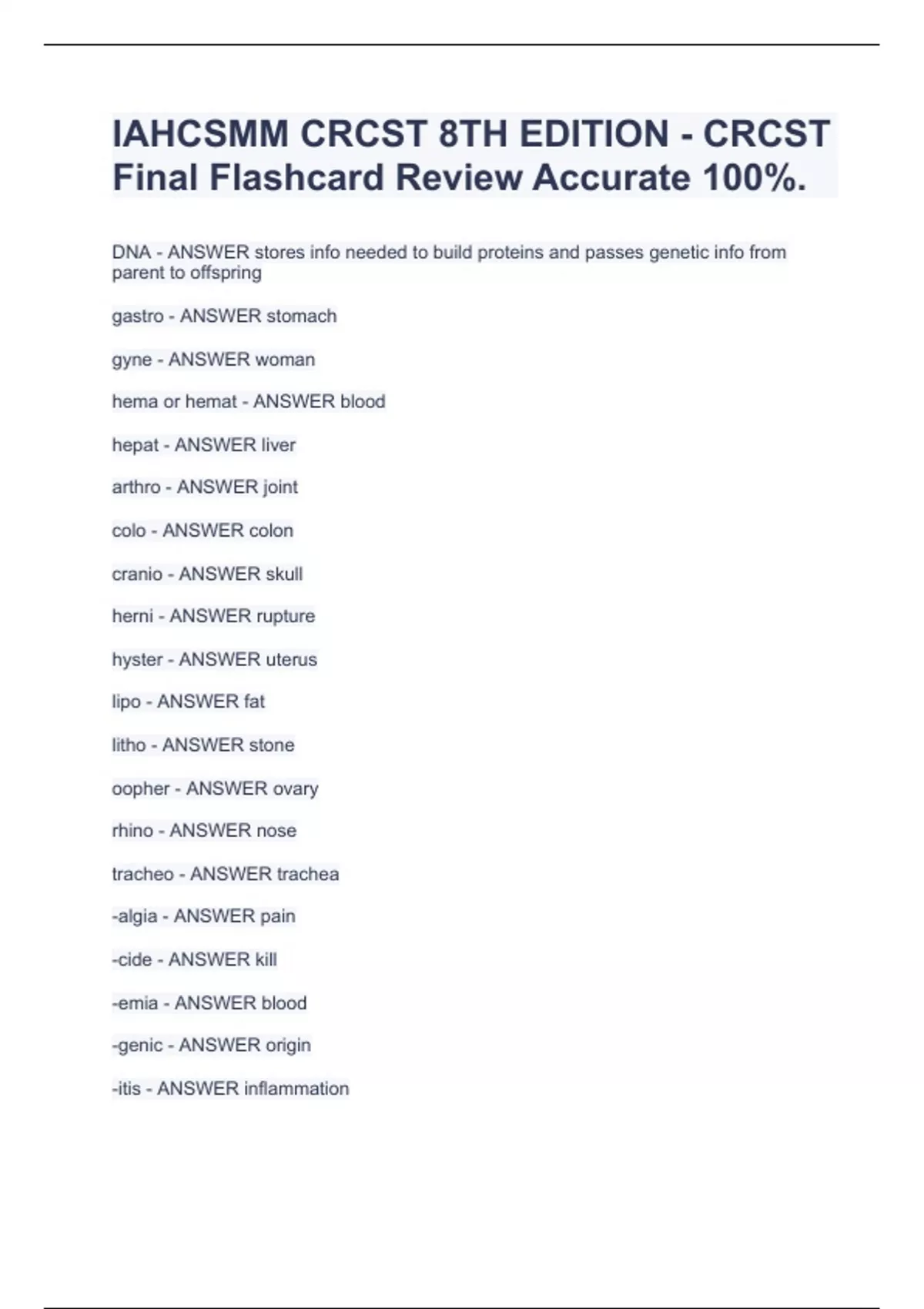 IAHCSMM CRCST 8TH EDITION - CRCST Final Flashcard Review Accurate 100% ...