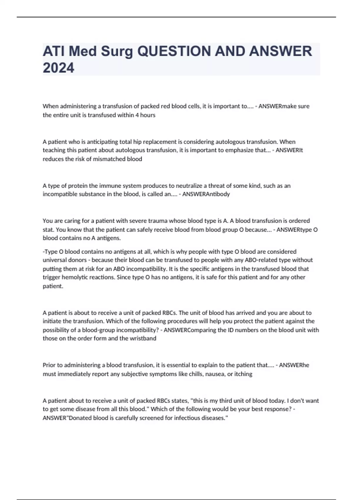 ATI Med Surg QUESTION AND ANSWER 2024 - ATI Med Surg - Stuvia US