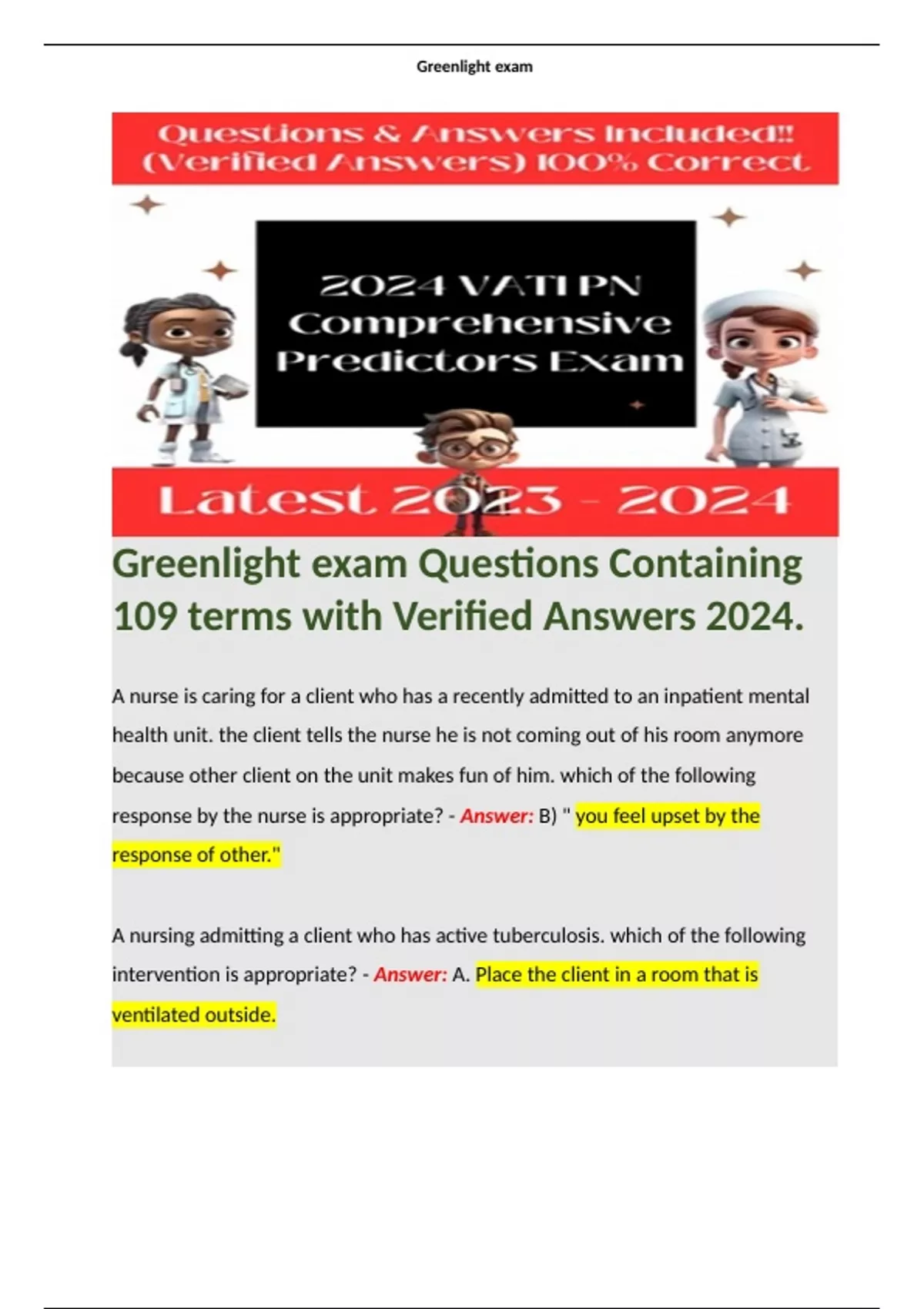 Green light Test A & Green light Test B/ Nclex Readiness Exam/ PN ...