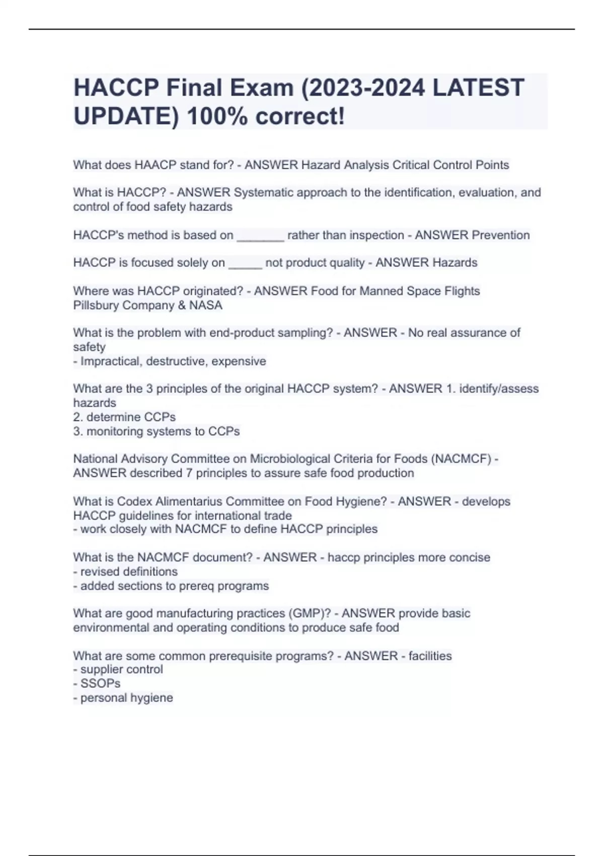 HACCP Final Exam ( LATEST UPDATE) 100% correct! - HACCP - Stuvia US