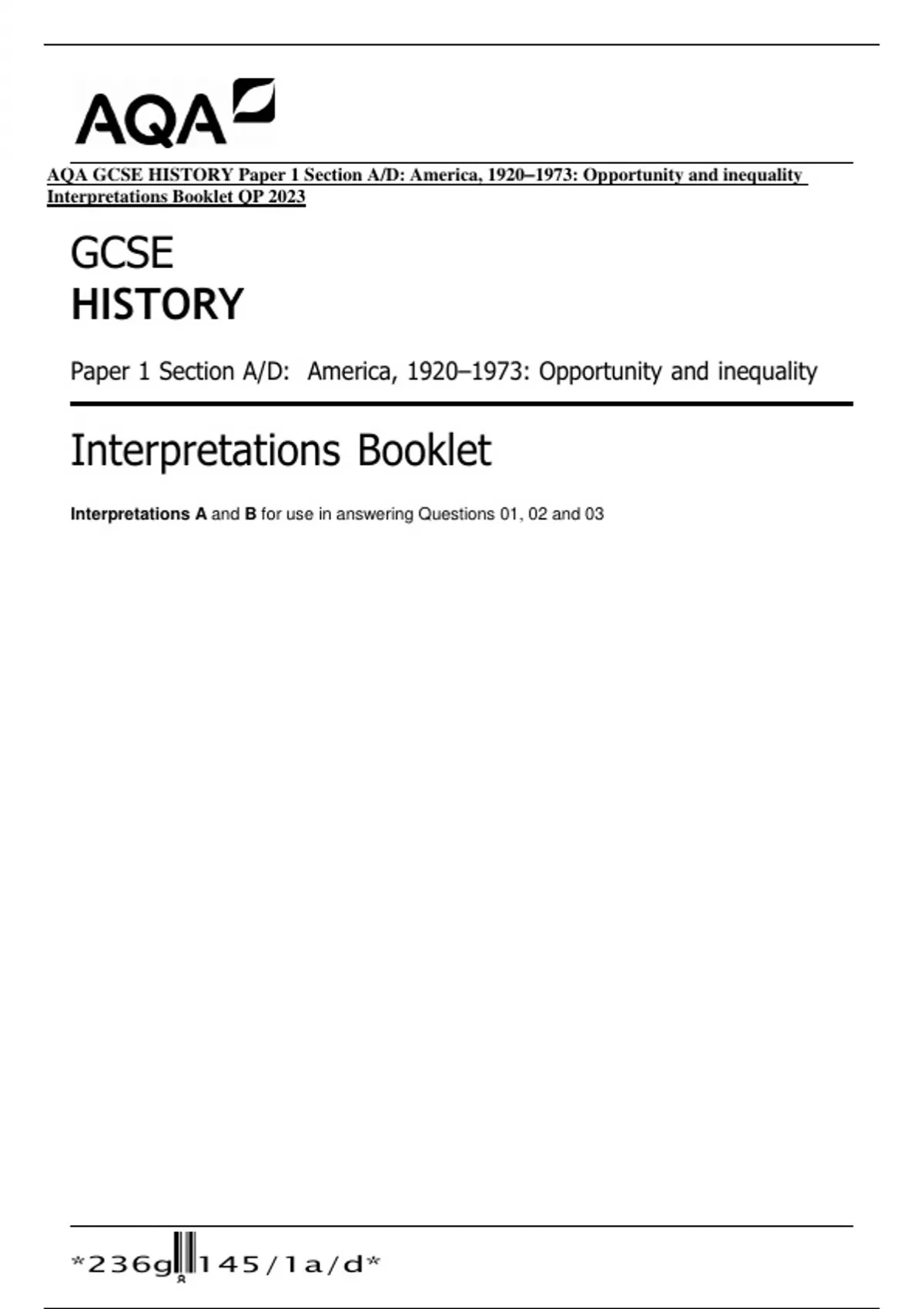 AQA GCSE HISTORY Paper 1 Section A/D: America, 1920–1973: Opportunity ...