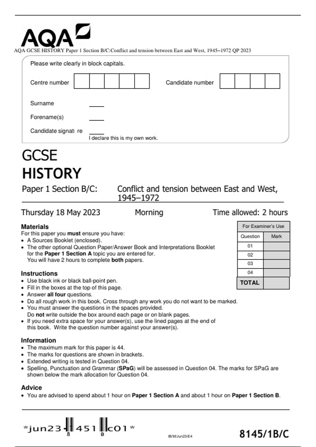 AQA GCSE HISTORY Paper 1 Section B/C:Conflict and tension between East ...