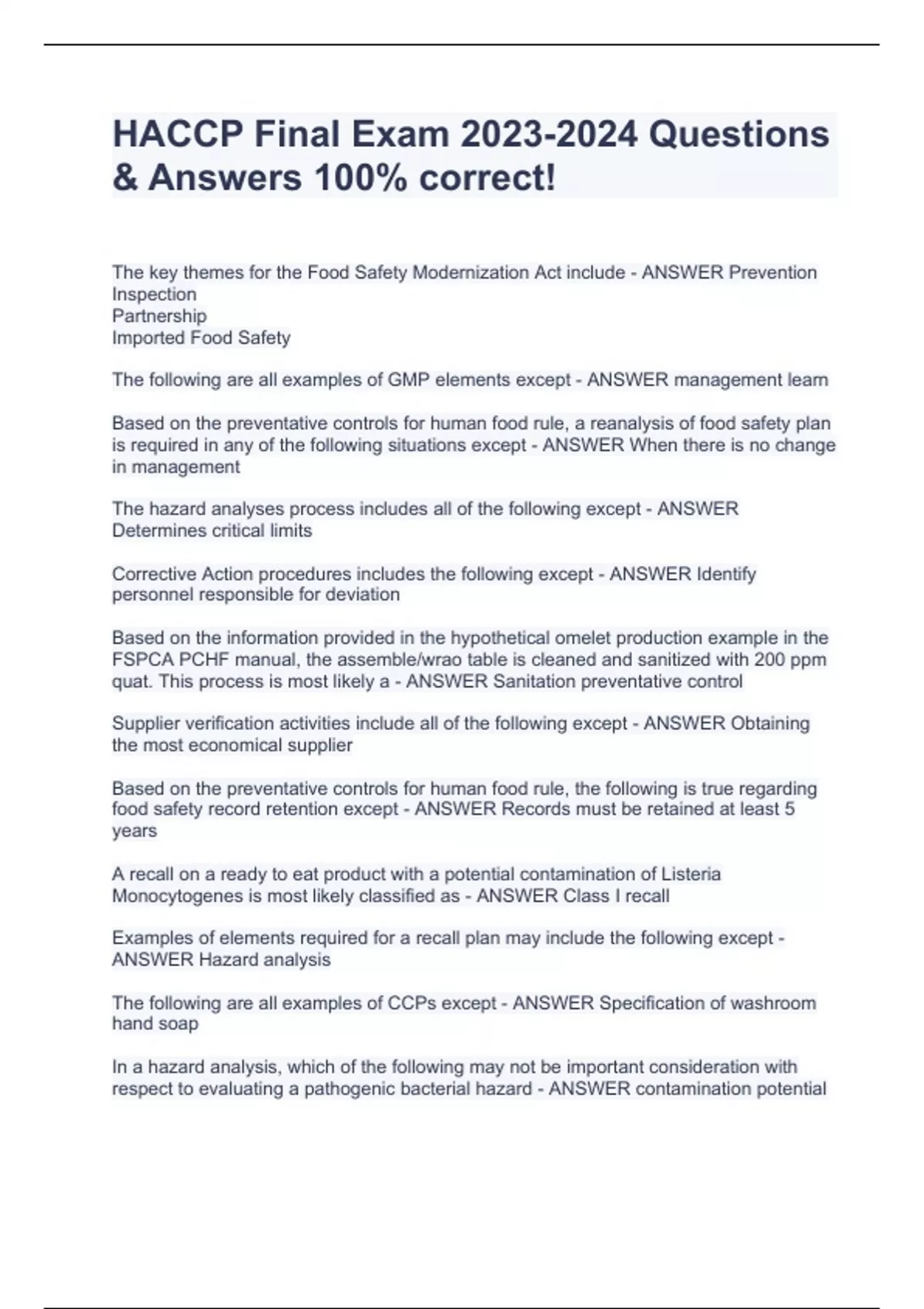 HACCP Final Exam Questions & Answers 100% correct! - HACCP - Stuvia US