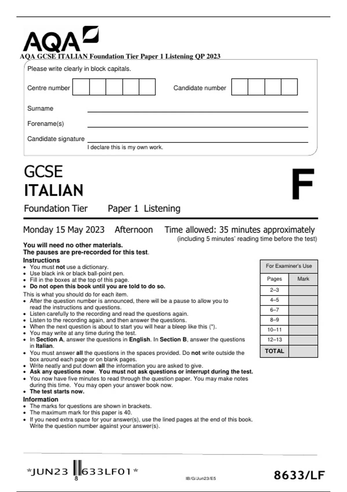 AQA GCSE ITALIAN Foundation Tier Paper 1 ,3 and 4 |QP and MS|2023 ...