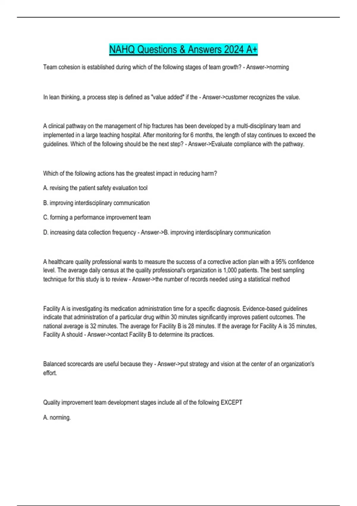 NAHQ Questions & Answers 2024 A+ - NAHQ 2024 - Stuvia US