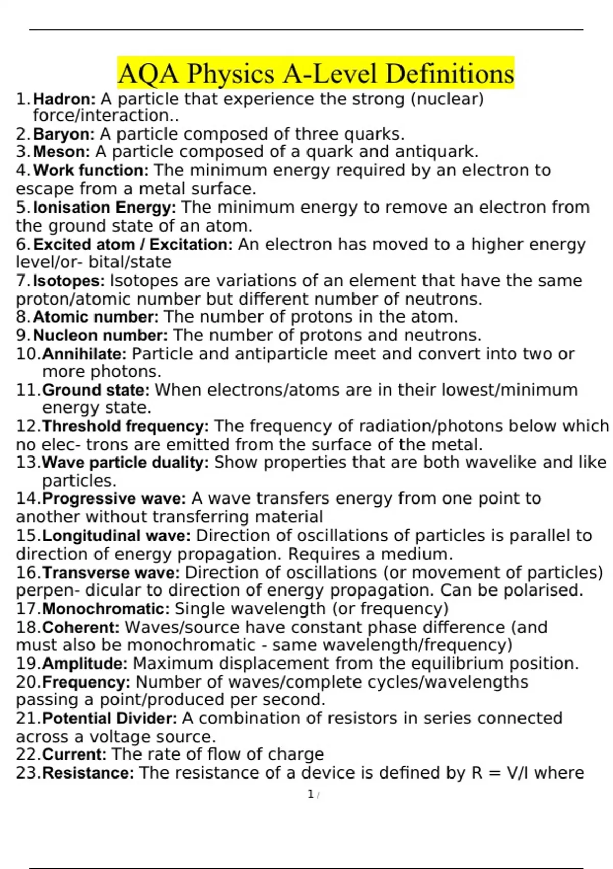 AQA Physics A-Level Definitions Questions and Answers Updated (2023 / 2024) (Verified Answers ...