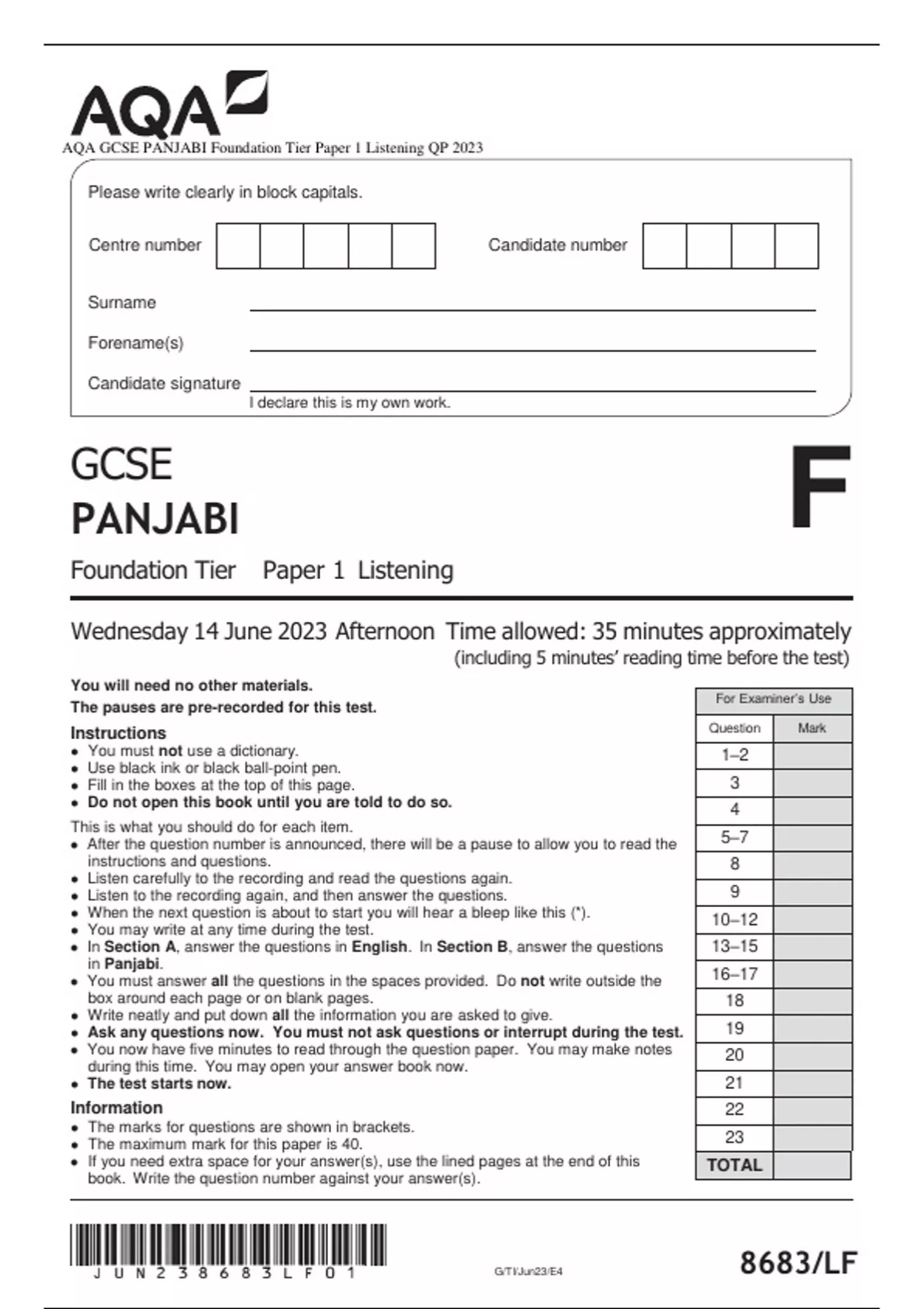 AQA GCSE PANJABI Foundation Tier Paper 1 Listening QP and MS 2023 ...