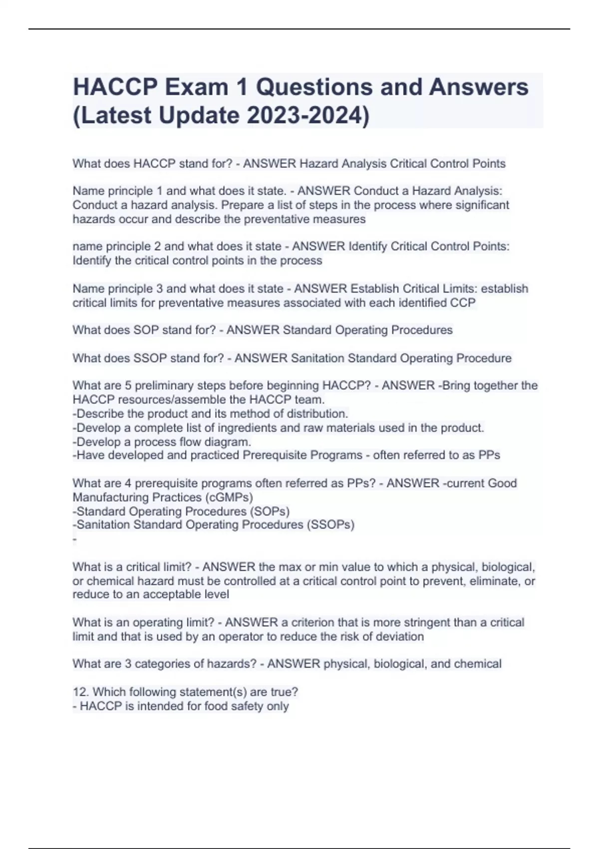 HACCP Exam 1 Questions and Answers (Latest Update ) - HACCP - Stuvia US