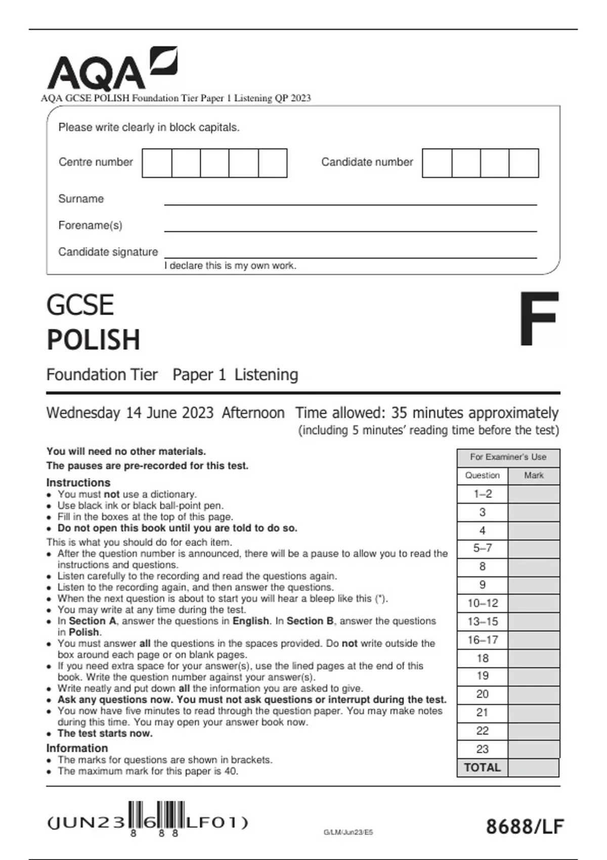 AQA GCSE POLISH Foundation Tier Paper 1 Listening QP 2023 - AQA - Stuvia US