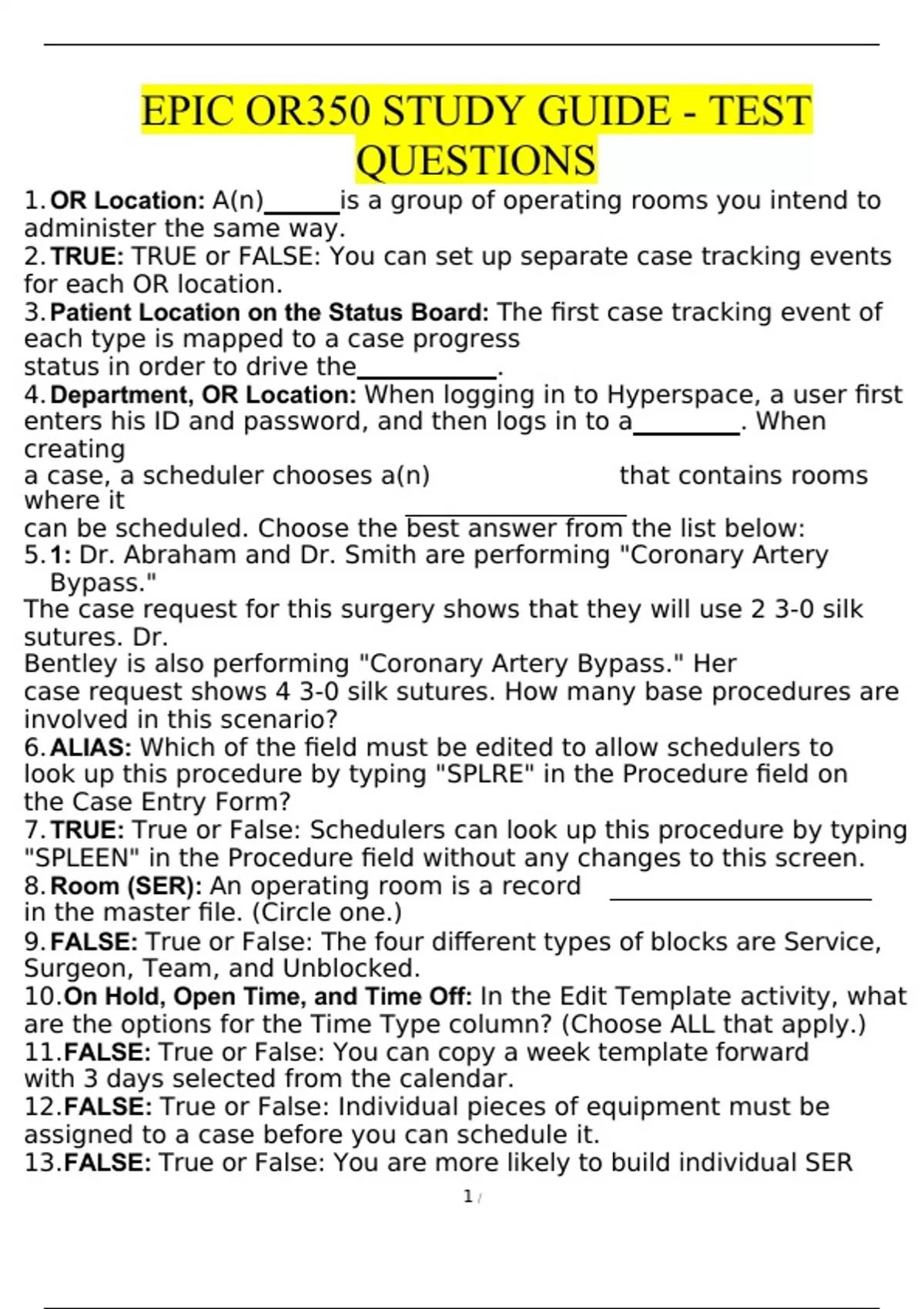 EPIC OR350 STUDY GUIDE TEST ACTUAL 2025 QUESTIONS AND ANSWERS 2025 / ...