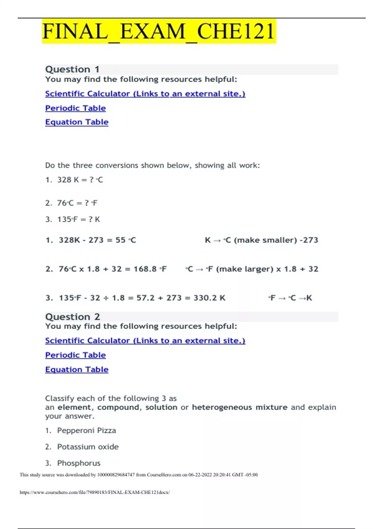CHEM 121 FINAL EXAM Questions and Answers- PORTAGE LEARNING - CHEM 121 ...
