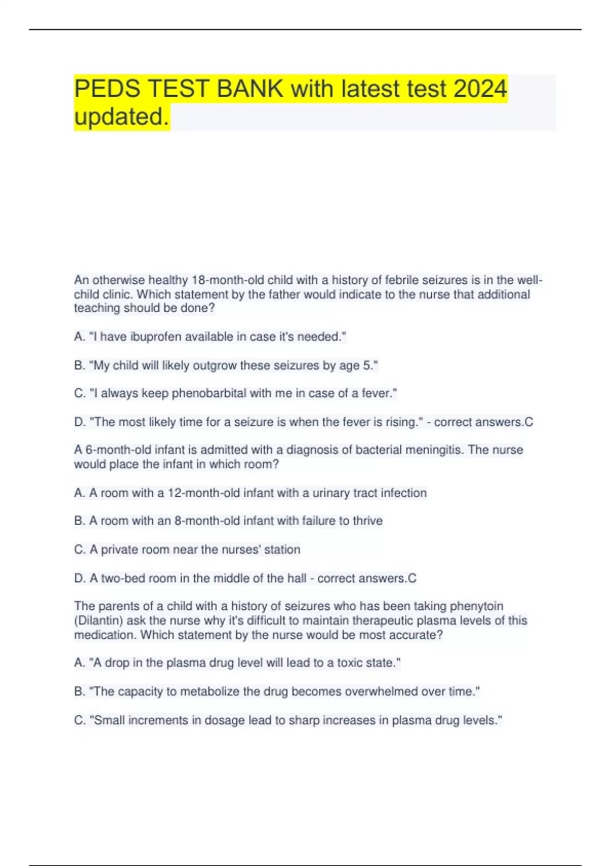 PEDS TEST BANK with latest test 2024 updated. - PEDS - Stuvia US