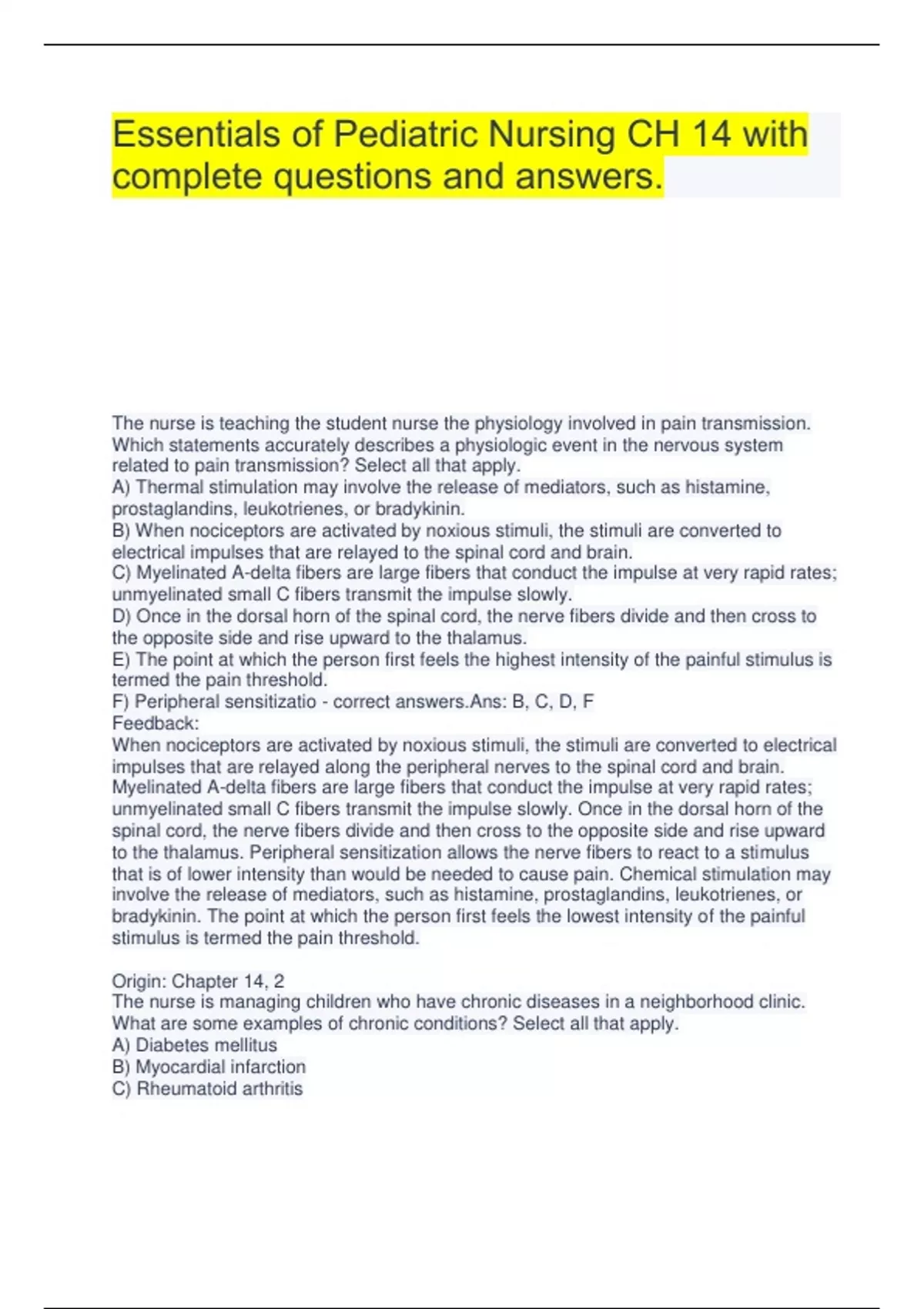 Essentials of Pediatric Nursing CH 14 with complete questions and ...