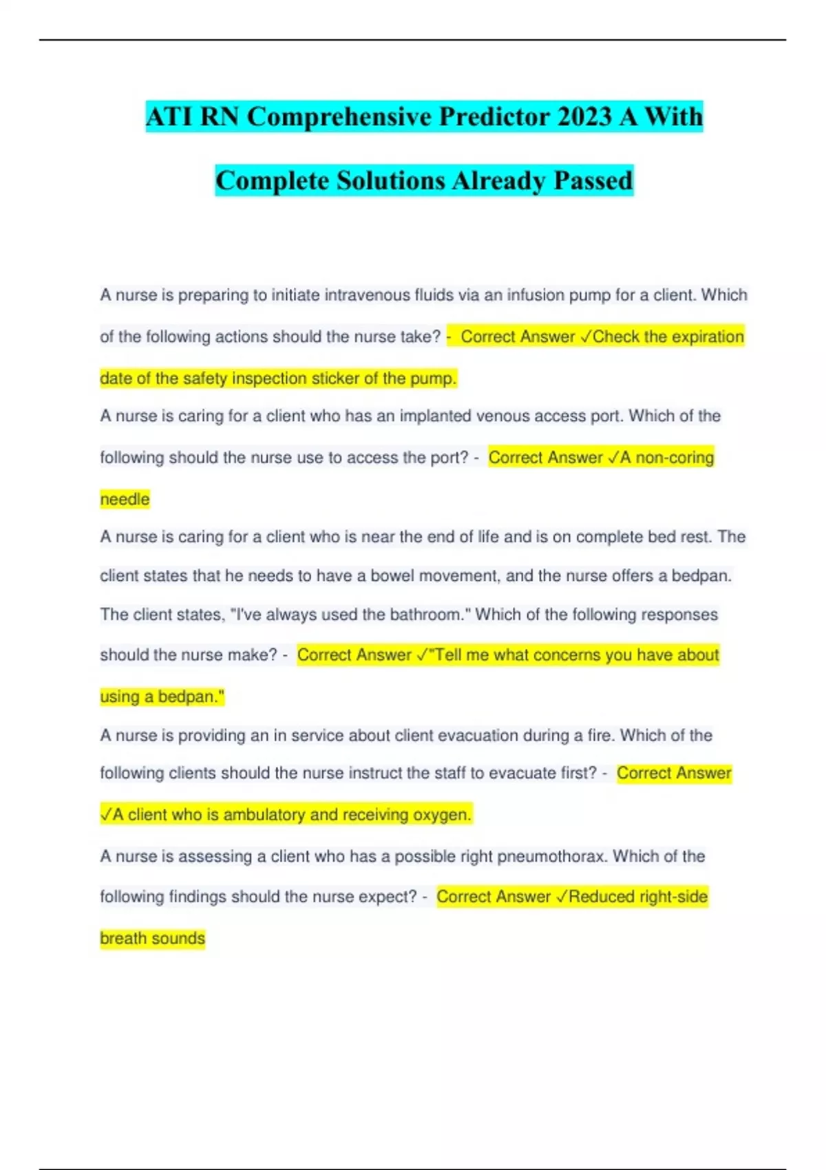 ATI RN Comprehensive Predictor 2023 A With Complete Solutions Already Passed - ATI - Stuvia US