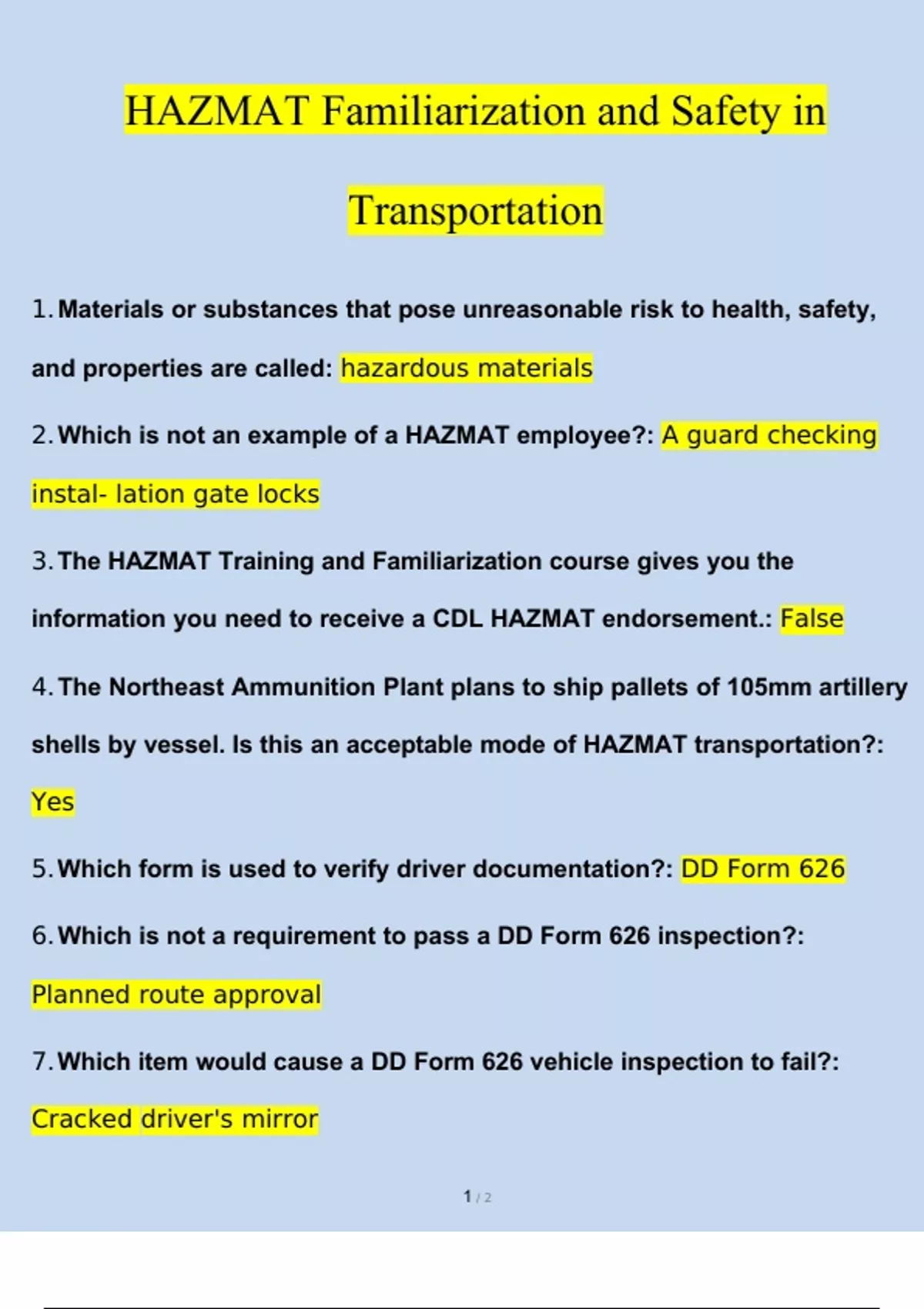 HAZMAT Familiarization and Safety in Transportation ( A+ GRADED 100% ...