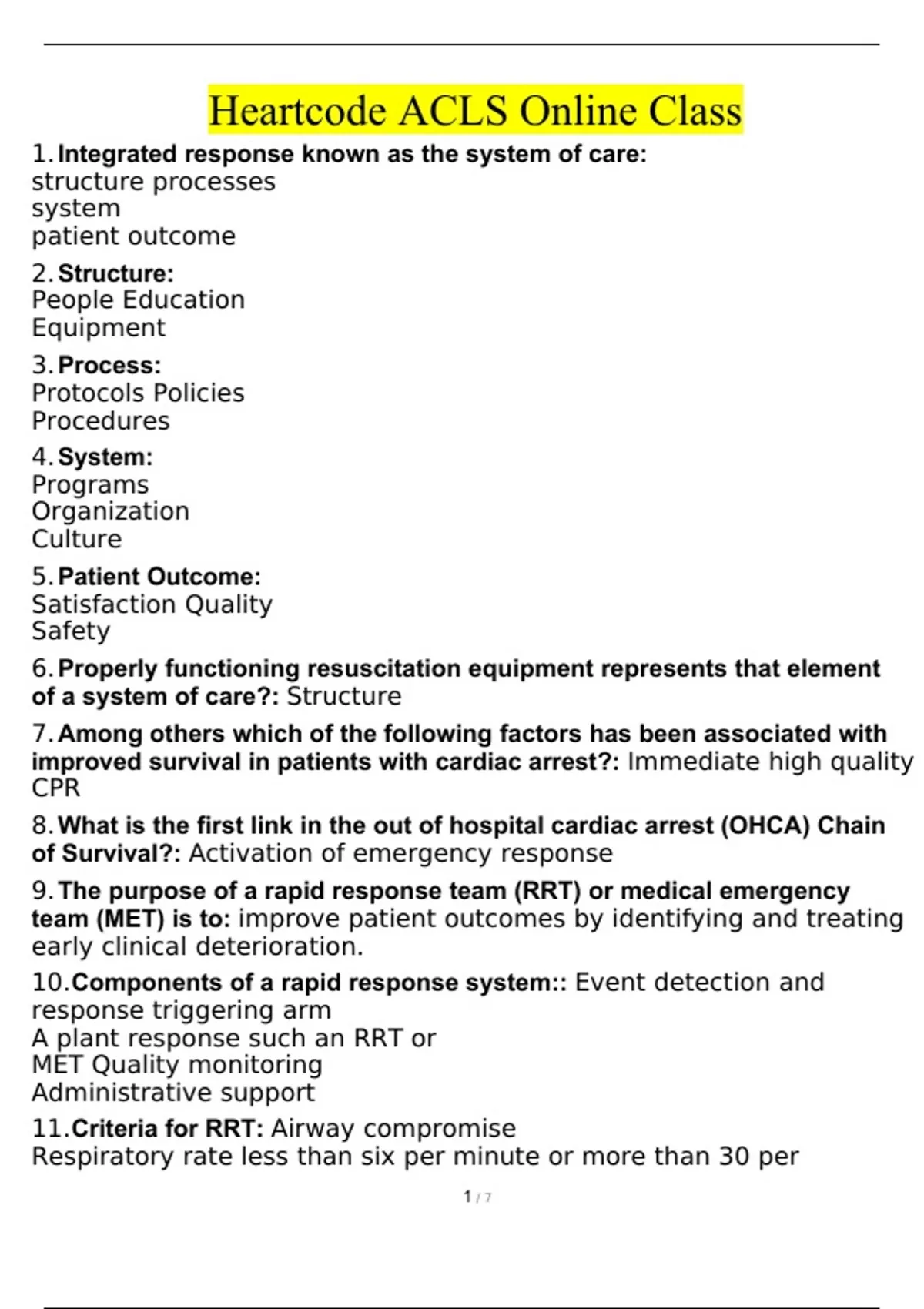 Heartcode ACLS Online Class Questions and Answers Updated (2023 / 2024 ...
