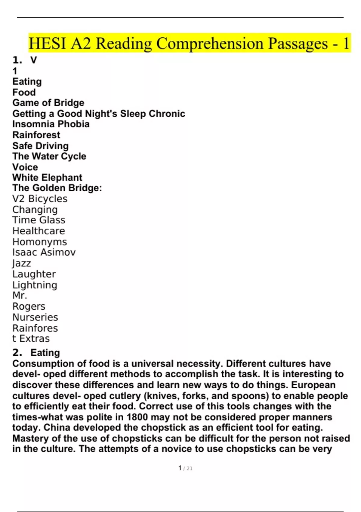HESI A2 Reading Comprehension Passages - 1 Questions and Answers ...