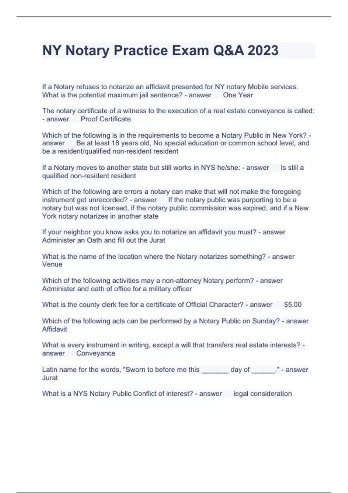 NY Notary Practice Exam Q&A 2023|2024 Questions and Answers 2023 - Nys ...