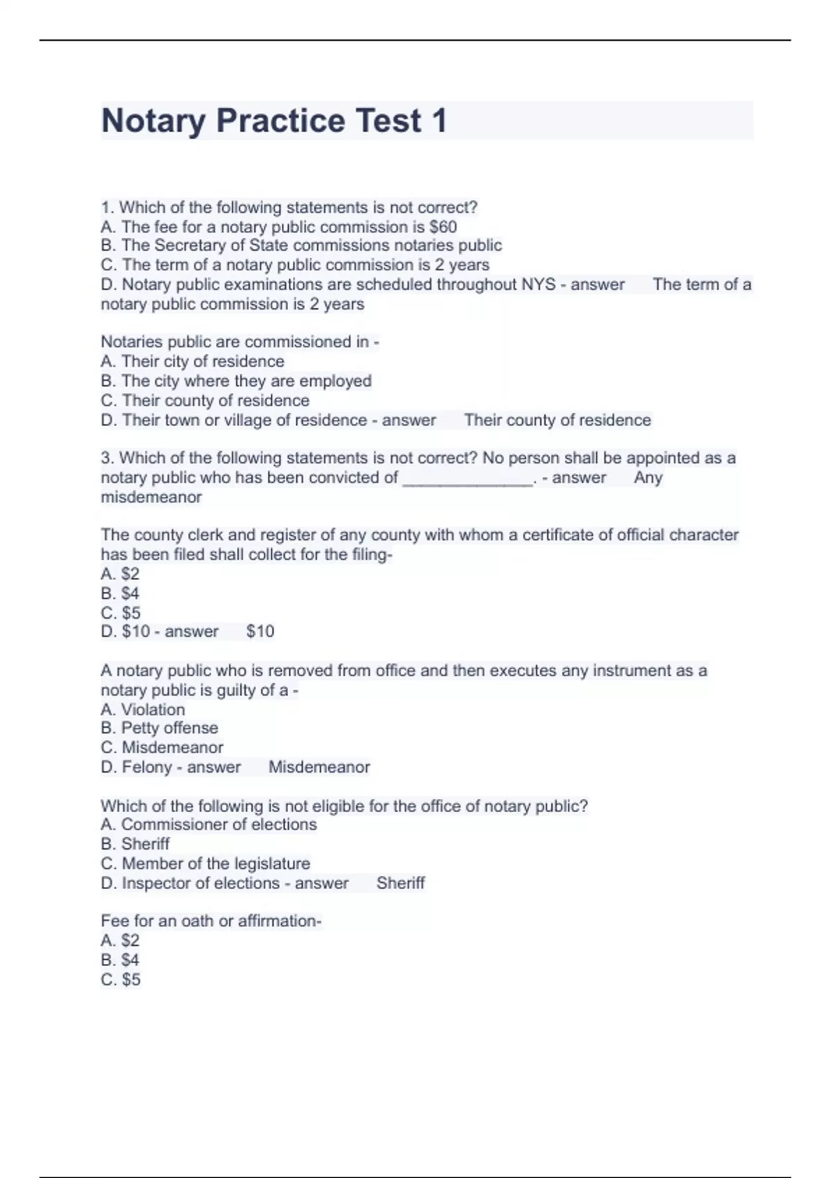 Notary Practice Test 1 Questions With Solutions 2024 Nys Notary Notary Practice Test 1 Questions With Solutions 2024 Nys Notary