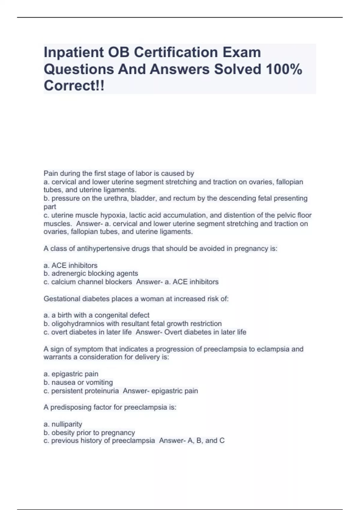 Inpatient OB Certification Exam Questions And Answers Solved 100% ...