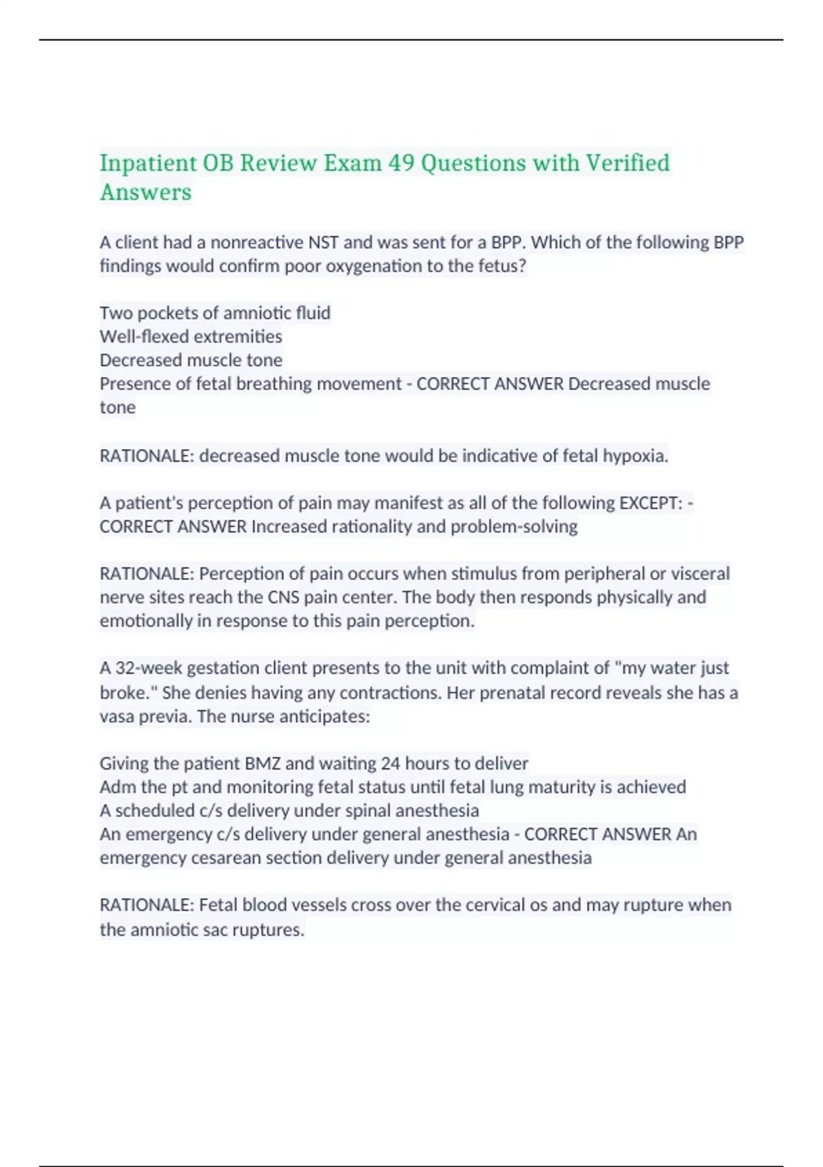 Inpatient OB Review Exam 49 Questions with Verified Answers,100% ...