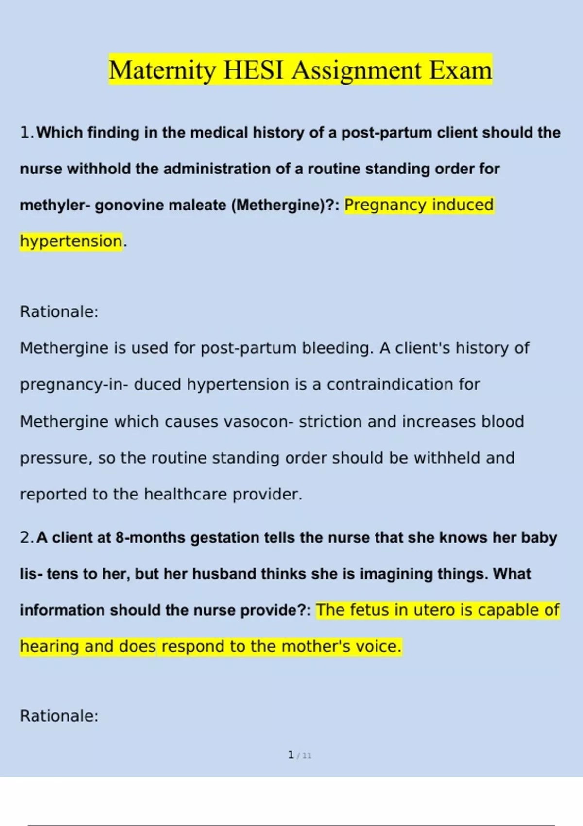HESI Maternity Assignment Exam Questions and Answers Updated (2024 ...
