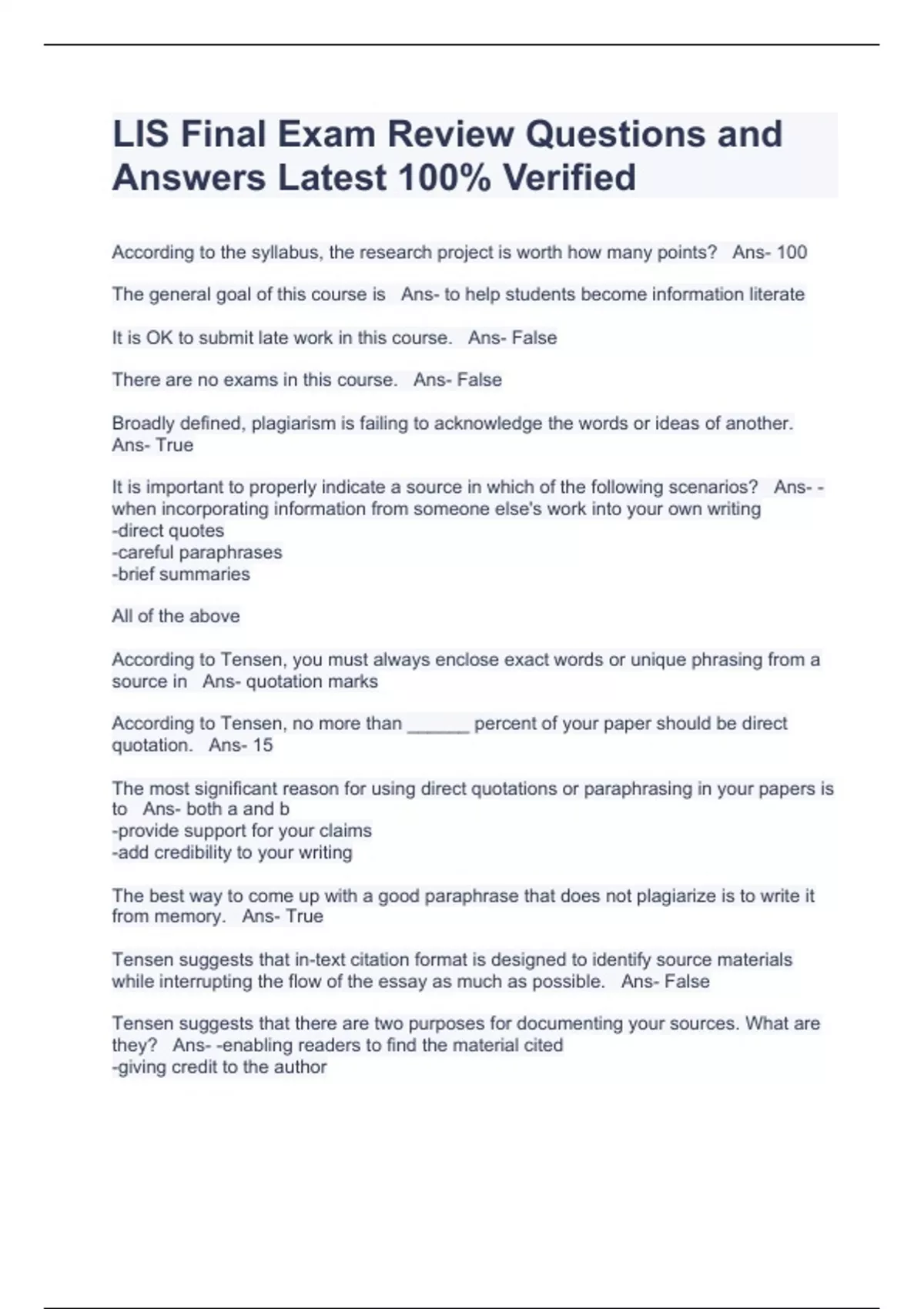 LIS Final Exam Review Questions and Answers Latest 100% Verified - LIS ...