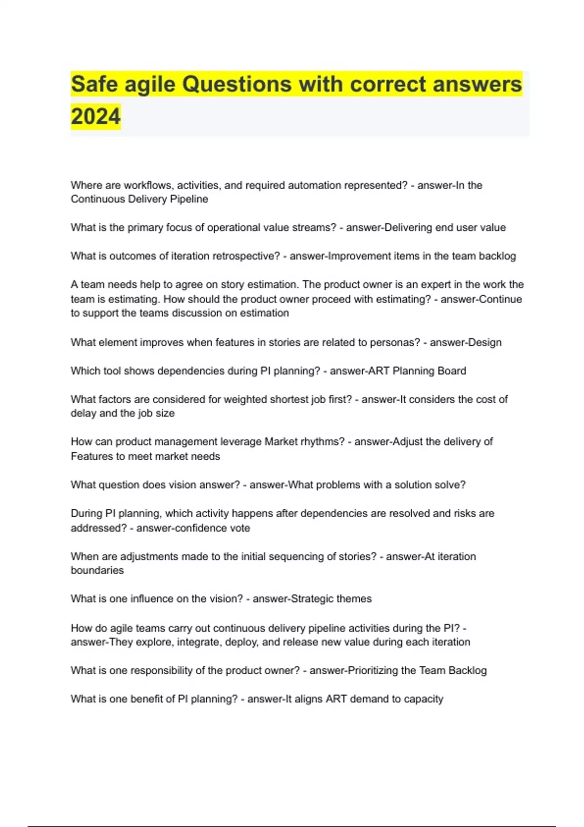 Safe agile Questions with correct answers 2024 - Safe agile - Stuvia US