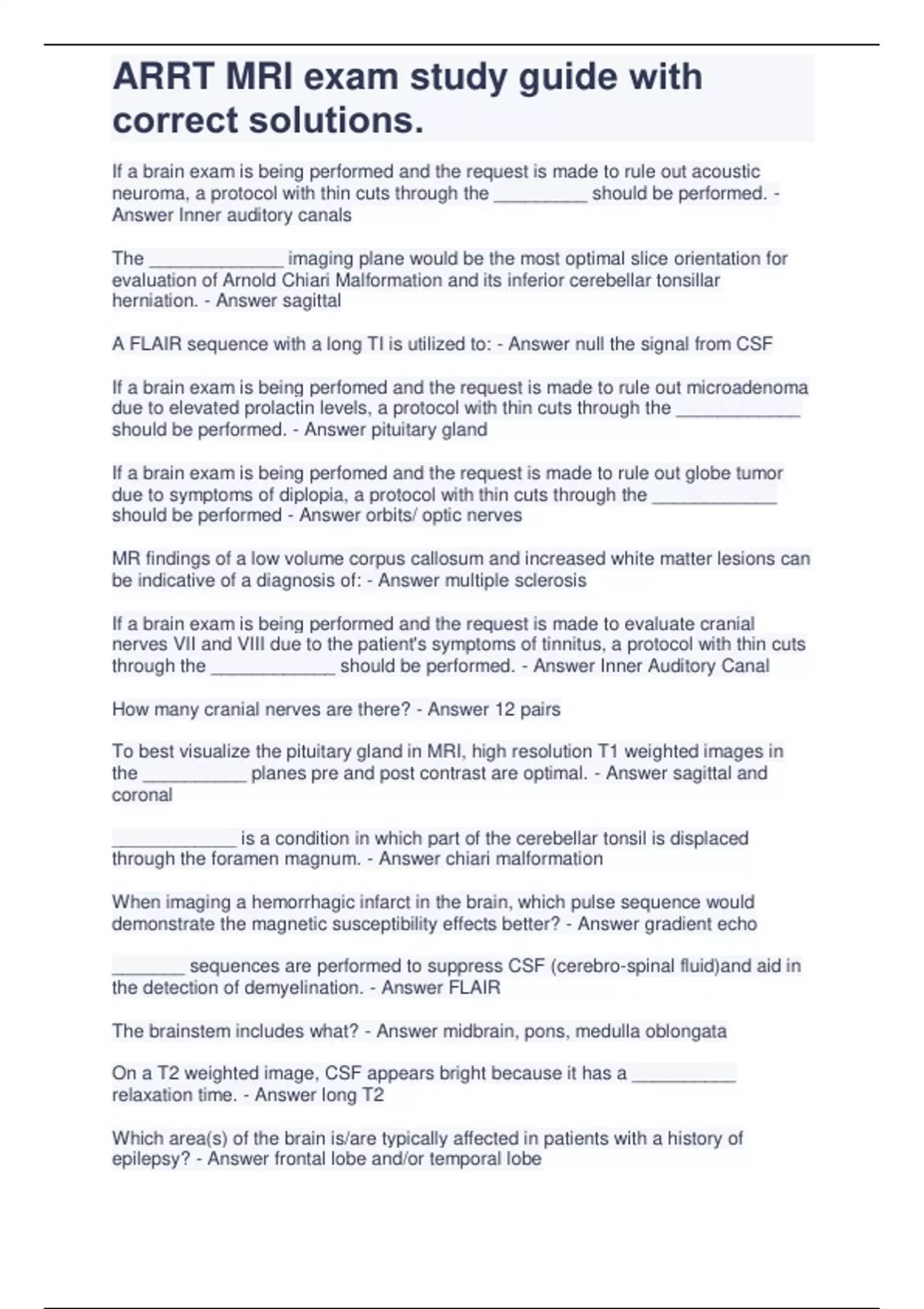 ARRT MRI exam 2024 with 100% correct answers - ARRT MRI - Stuvia US