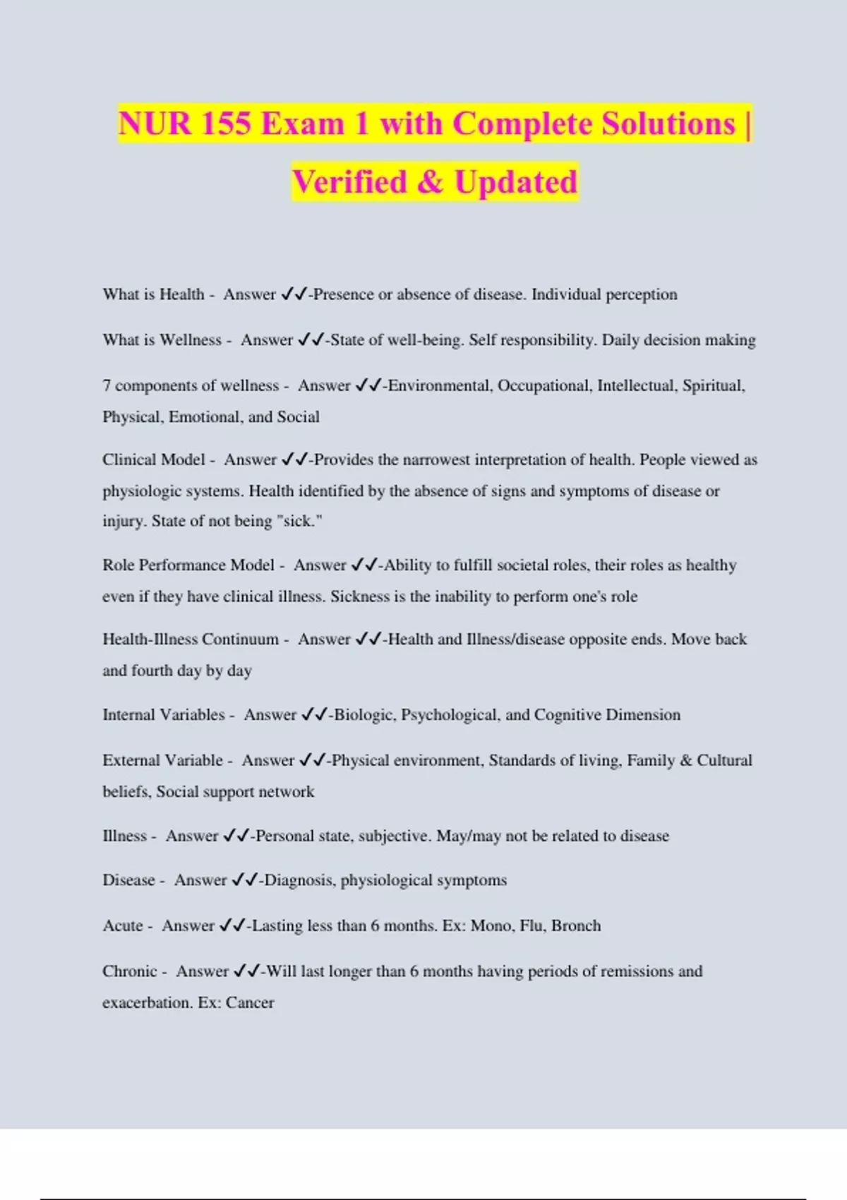 NUR 155 Exam 1 with Complete Solutions | Verified & Updated - NUR 155 ...