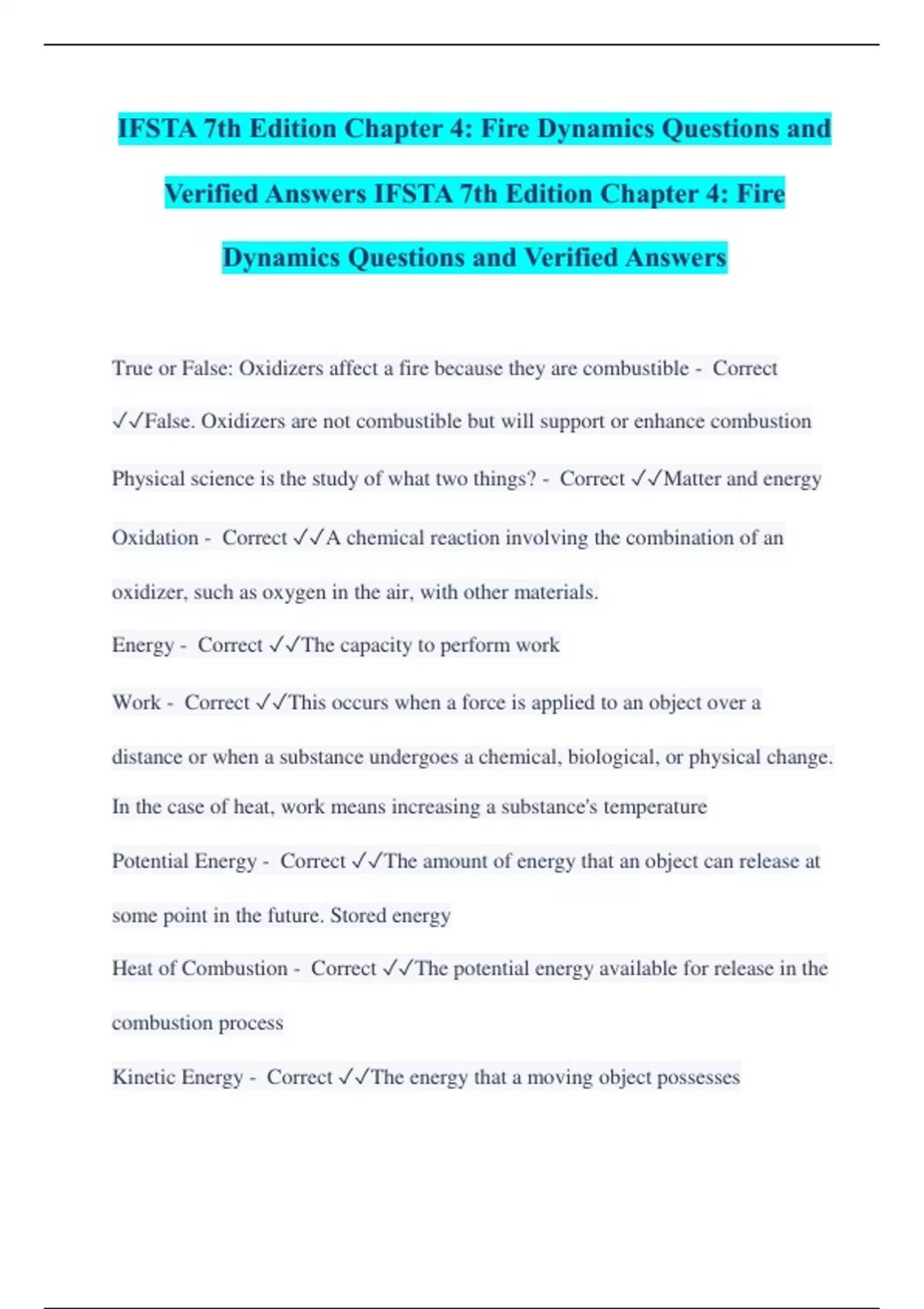 IFSTA 7th Edition Chapter 4: Fire Dynamics Questions and Verified ...