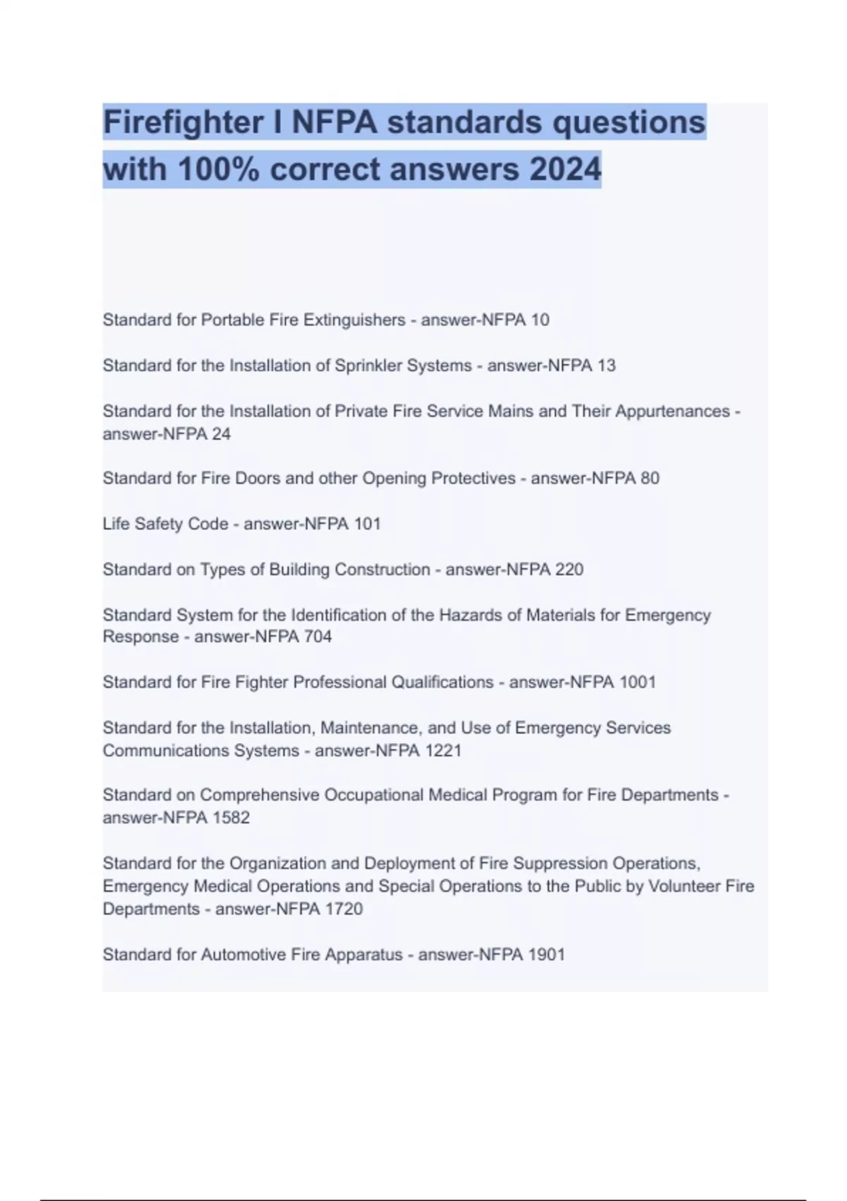 Firefighter I NFPA standards questions with 100% correct answers 2024 ...