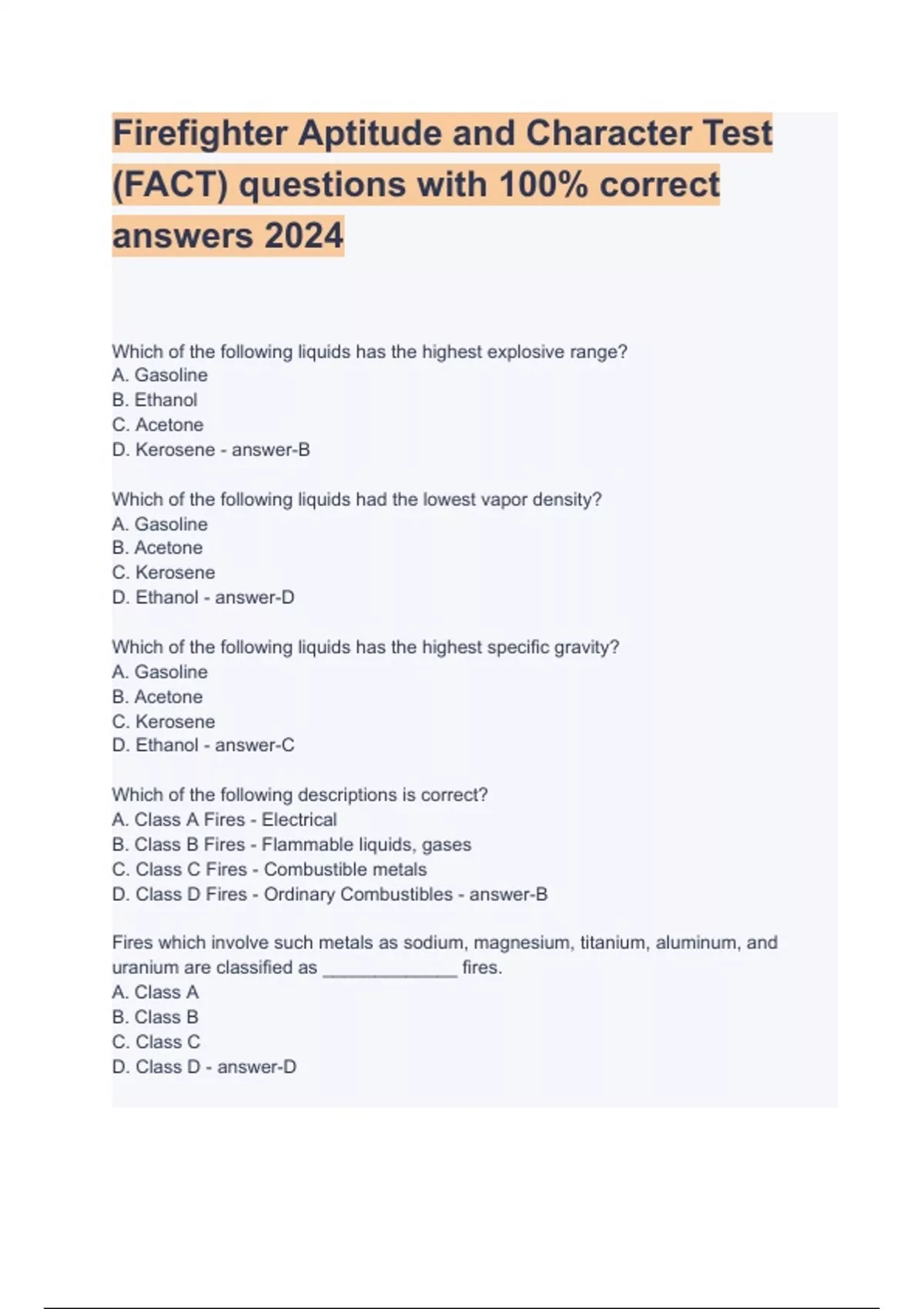 Firefighter Aptitude and Character Test (FACT) questions with 100% ...