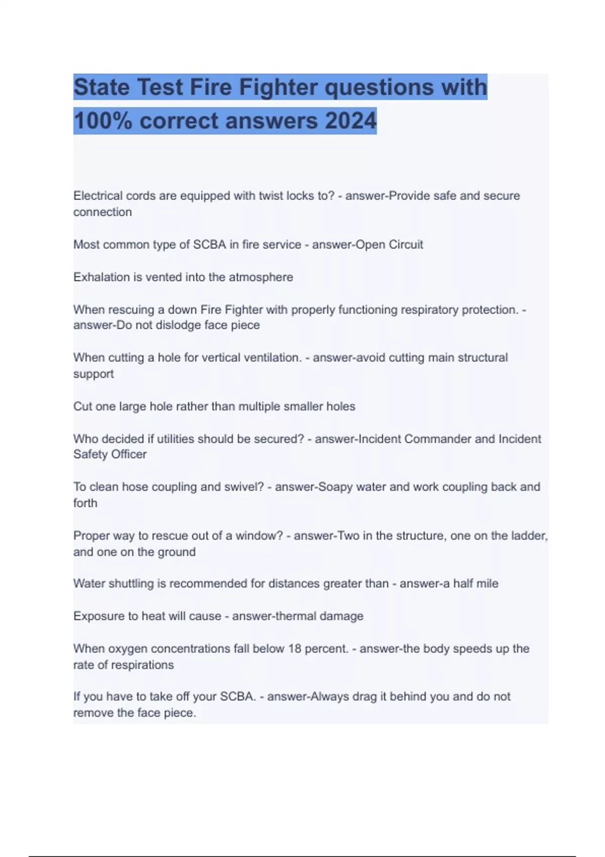 State Test Fire Fighter questions with 100% correct answers 2024 ...