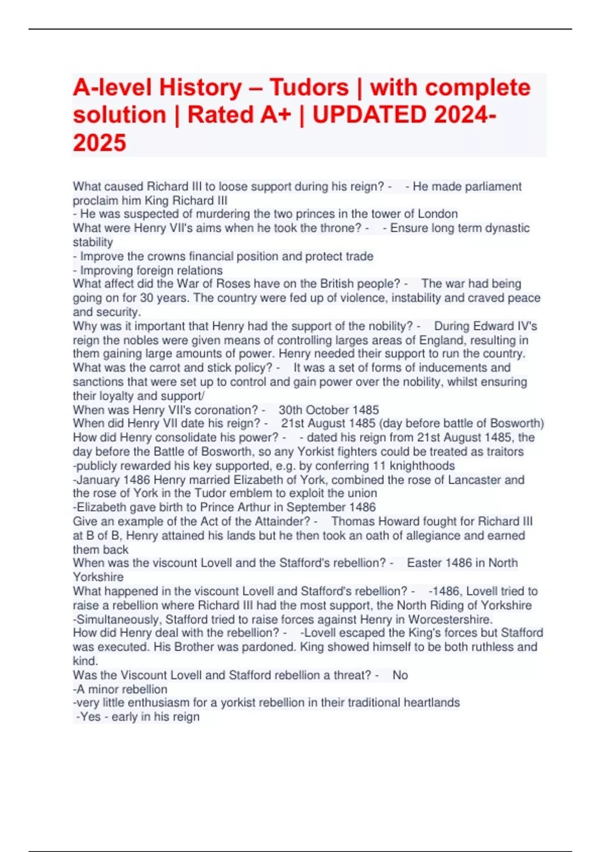A-level History – Tudors | with complete solution | Rated A+ | UPDATED ...