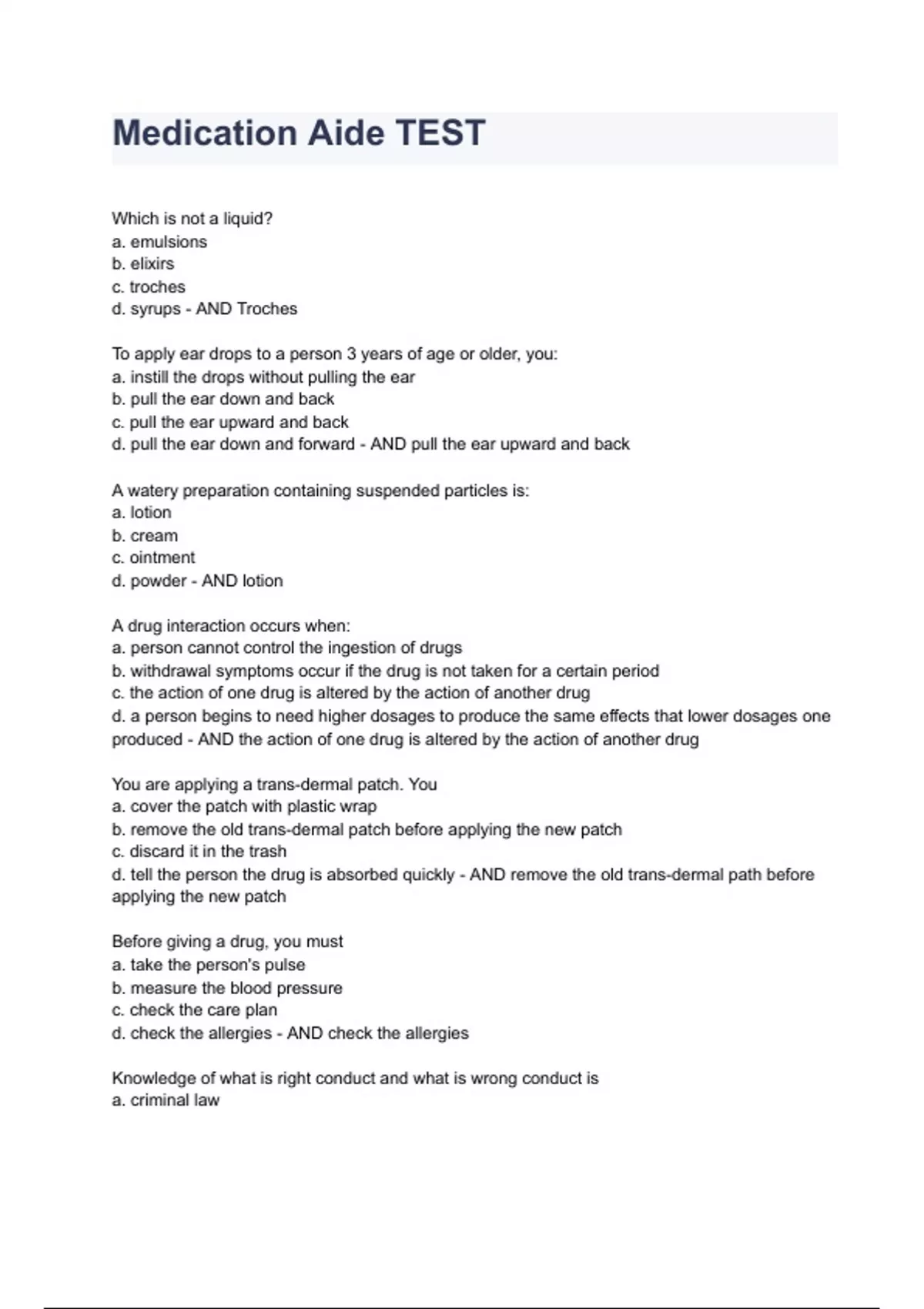 Medication Aide TEST Exam 2025/2026 Questions & Answers ( A+ Graded 100 ...