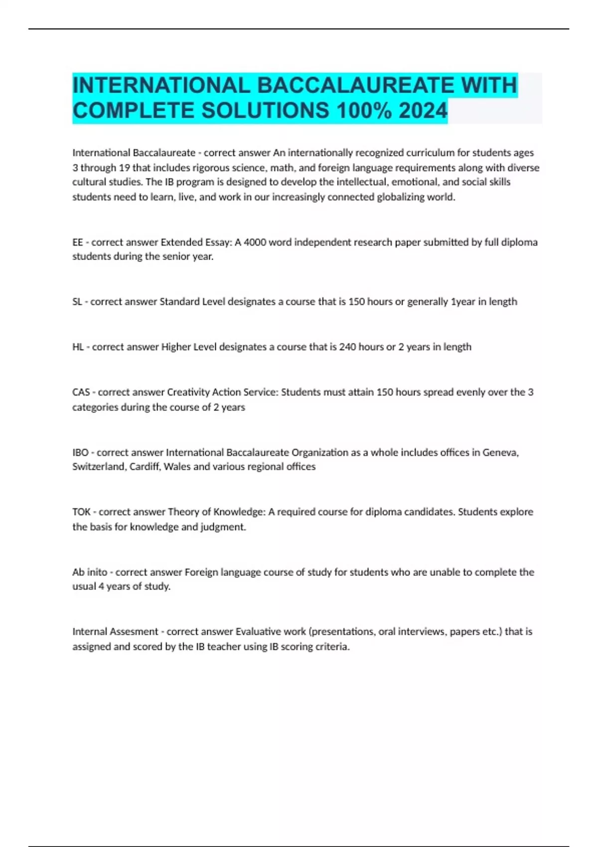 INTERNATIONAL BACCALAUREATE WITH COMPLETE SOLUTIONS 100% 2024 - IB ...