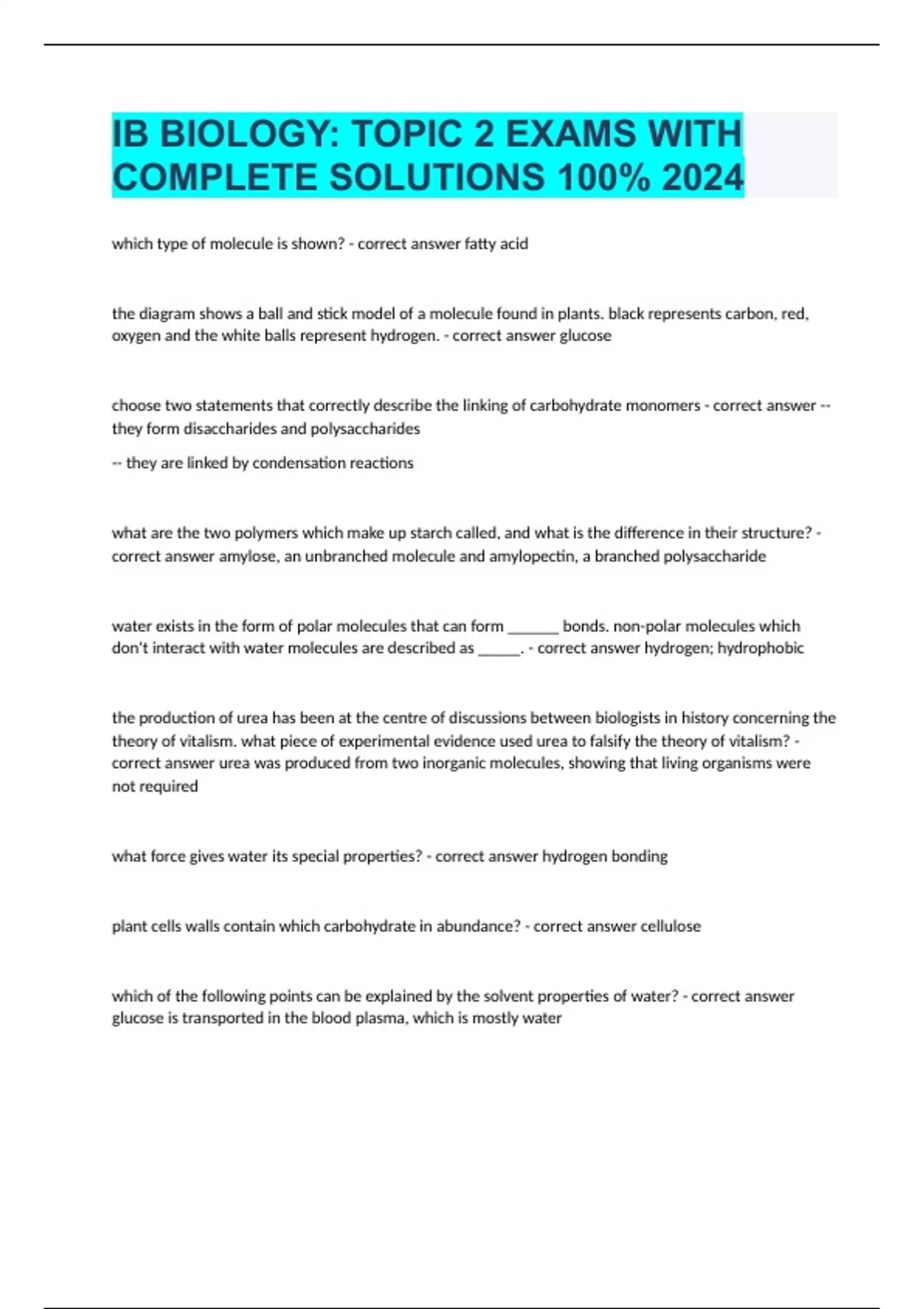 IB BIOLOGY: TOPIC 2 EXAMS WITH COMPLETE SOLUTIONS 100% 2024 - IB ...