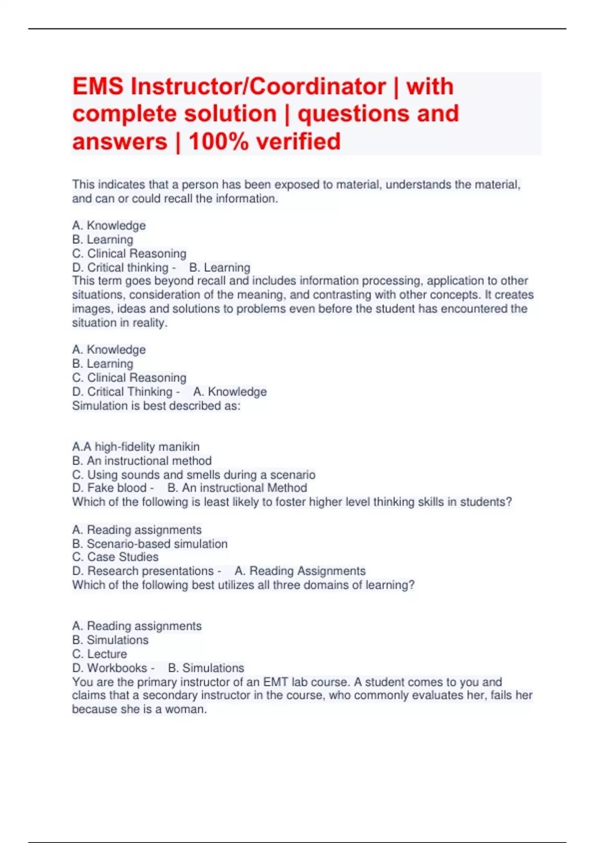 EMS Instructor/Coordinator | with complete solution | questions and answers | 100% verified ...