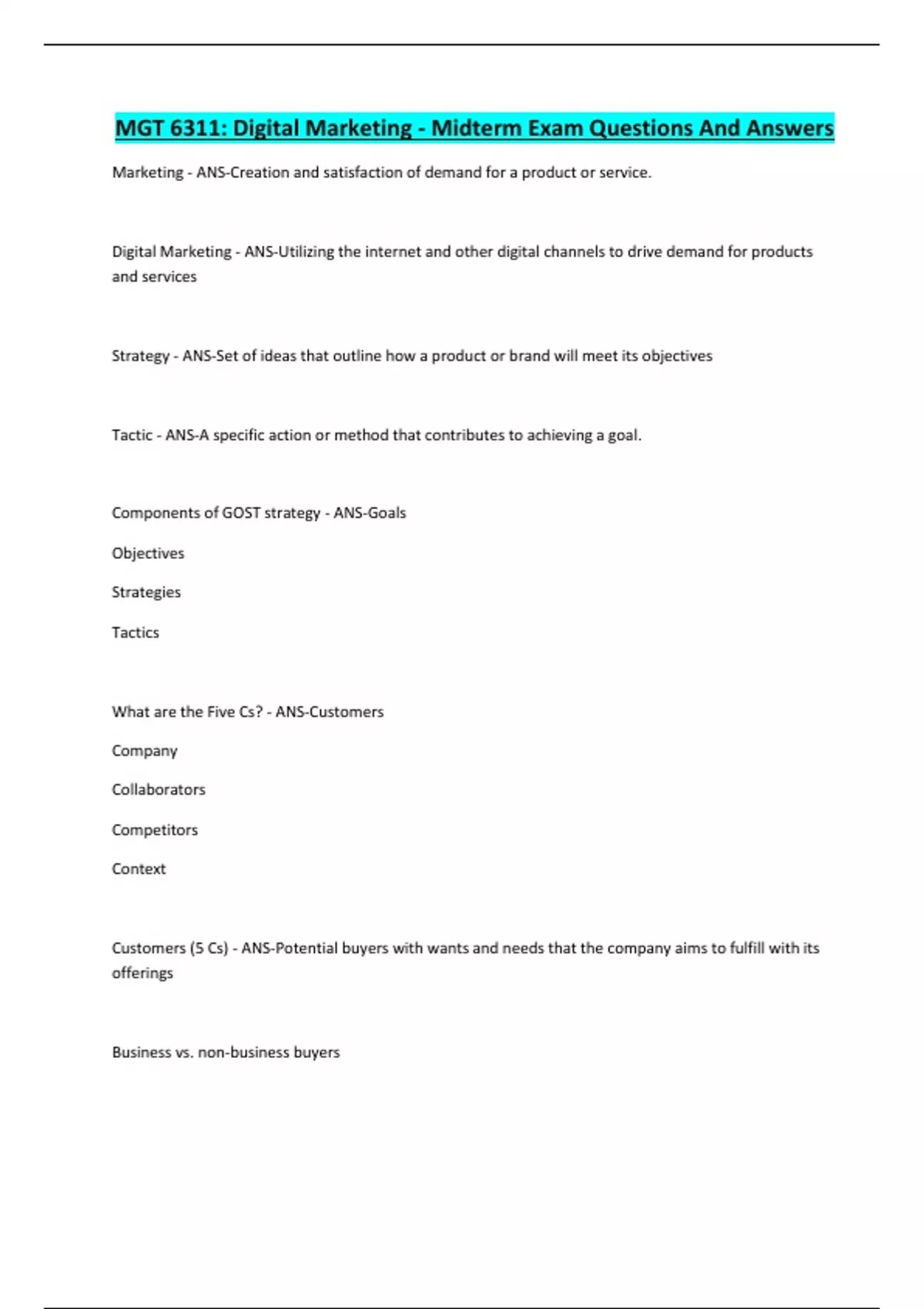 MGT 6311: Digital Marketing - Midterm Exam Questions And Answers - MGT ...
